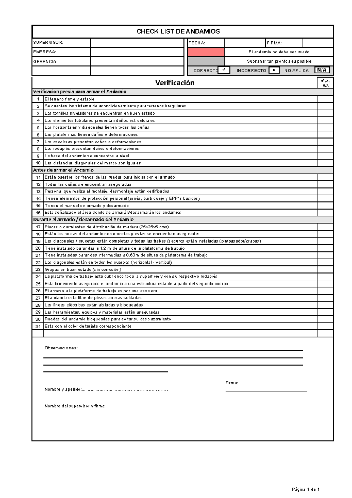 Check LIST Andamios - FECHA: FIRMA: GERENCIA: , X, N/A 1 2 3 4 5 6 7 8 ...