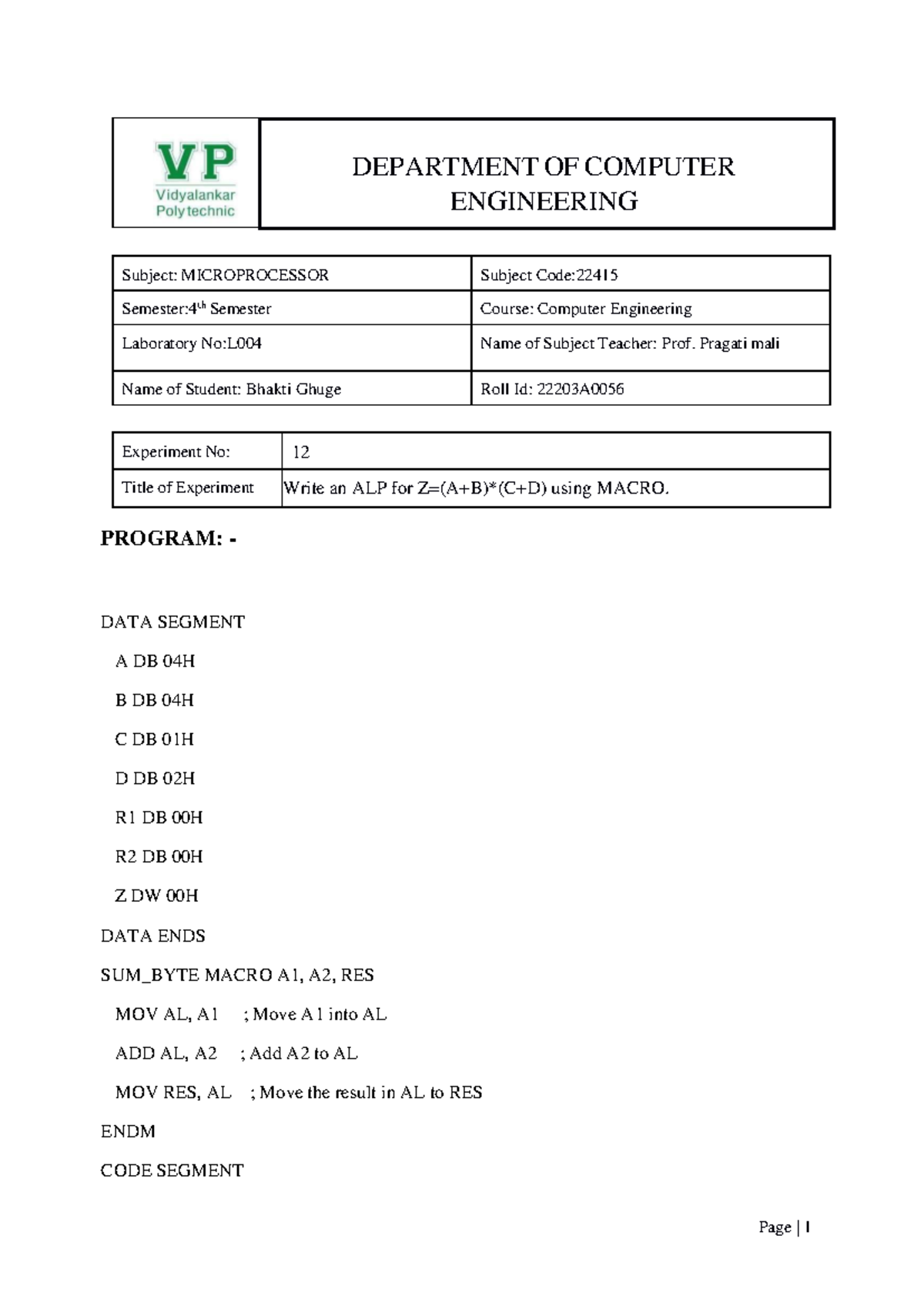 MIC Practical no12 - Page | 1 DEPARTMENT OF COMPUTER ENGINEERING ...