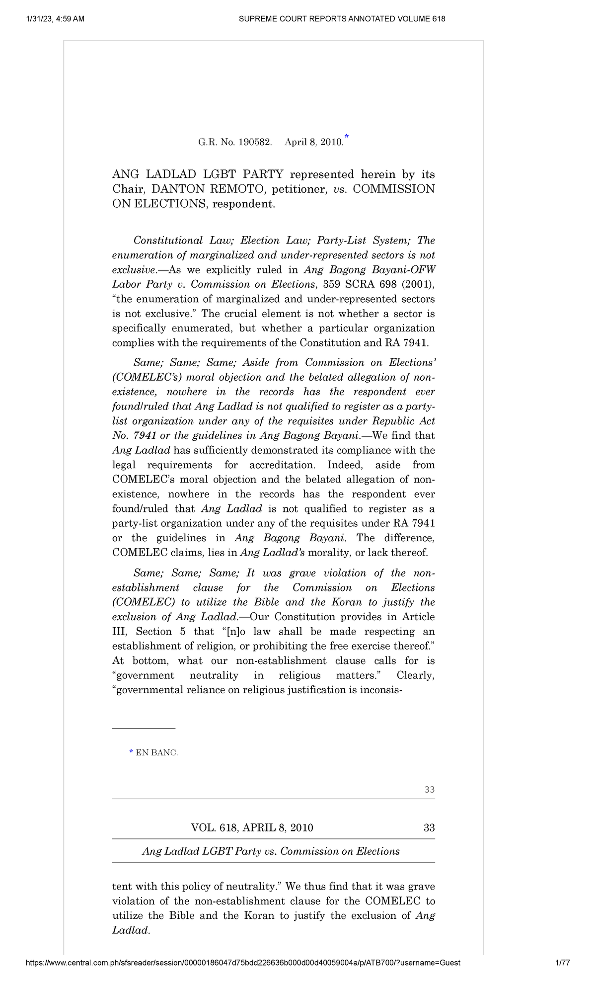 (6) Ang Ladlad vs Comelec - G. No. 190582. April 8, 2010.* ANG LADLAD ...