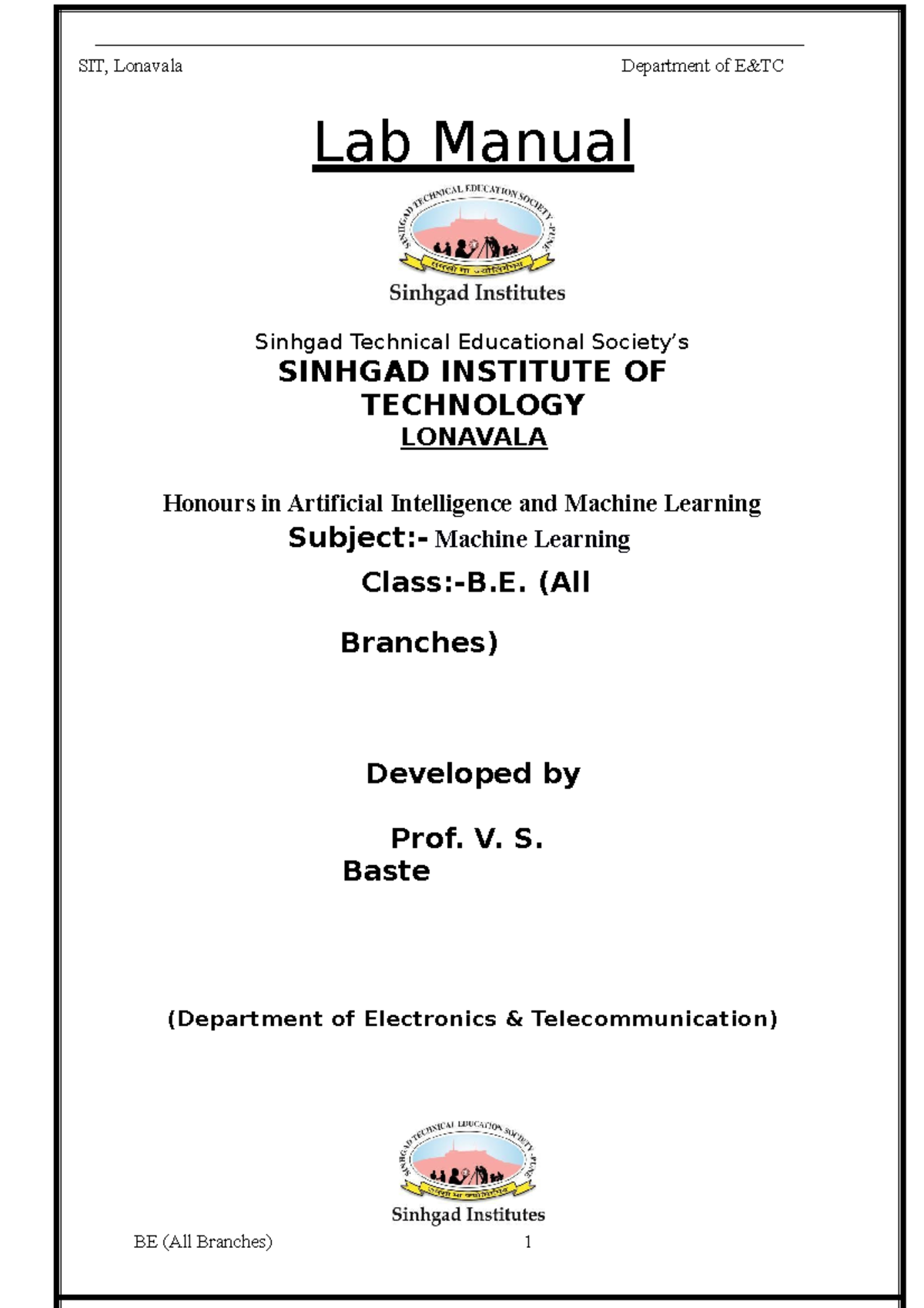 VSB honour BE ML LAB Manual 2022-23 student Copy - SIT, Lonavala ...