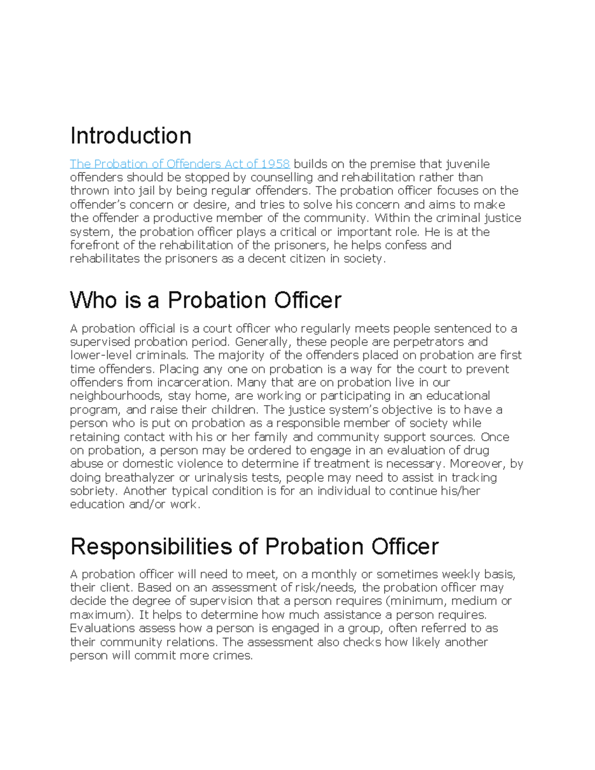 Probation officer -Long - Introduction The Probation of Offenders Act ...