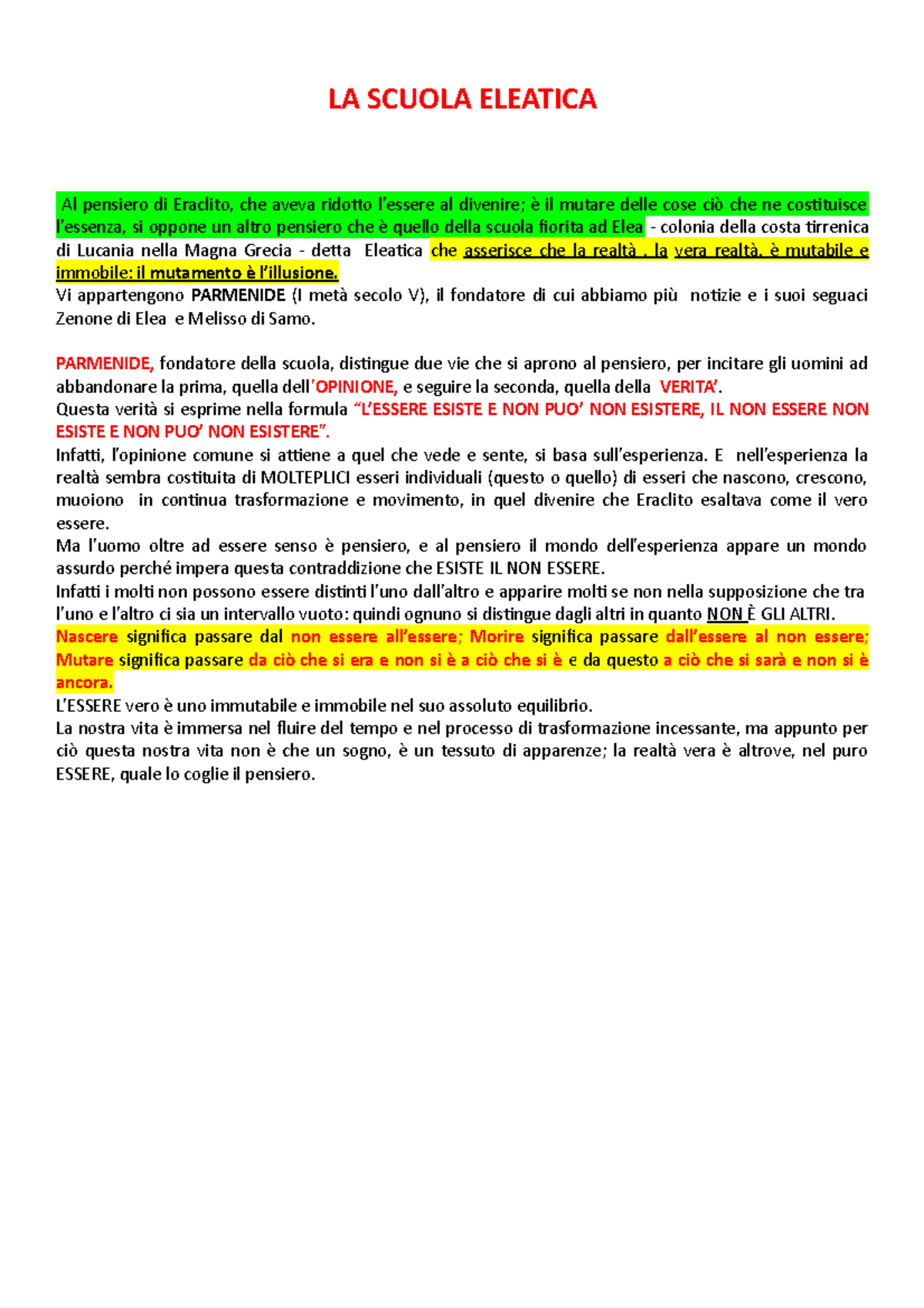 Scuola eleiatica - appunti lezione - LA SCUOLA ELEATICA Al pensiero di ...
