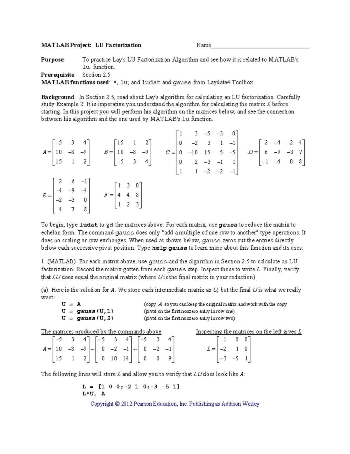 Project 5 - MATLAB Project: LU Factorization Name ...