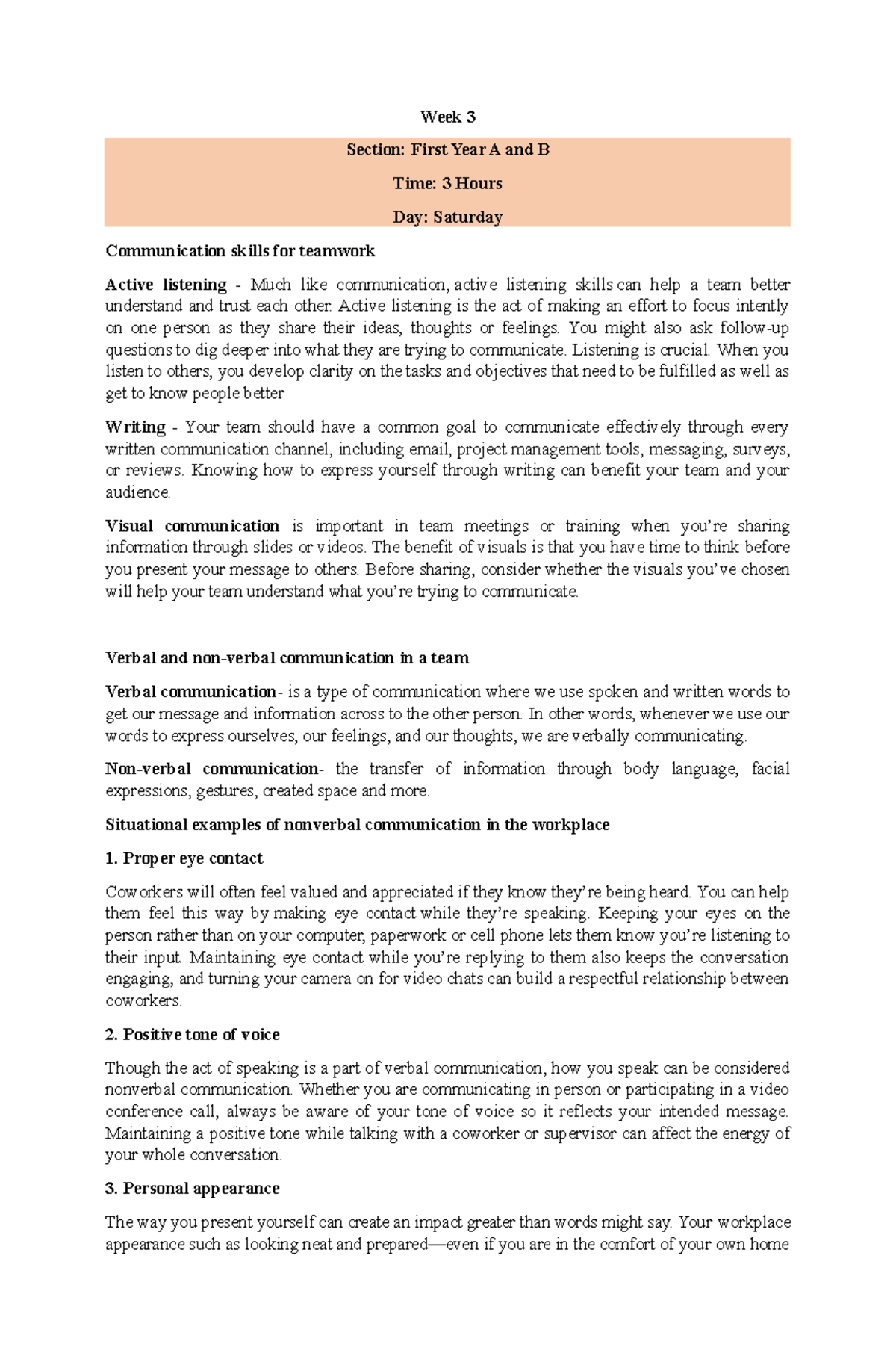 Teamwork WEEK 3-4 - n/a - Week 3 Section: First Year A and B Time: 3 ...