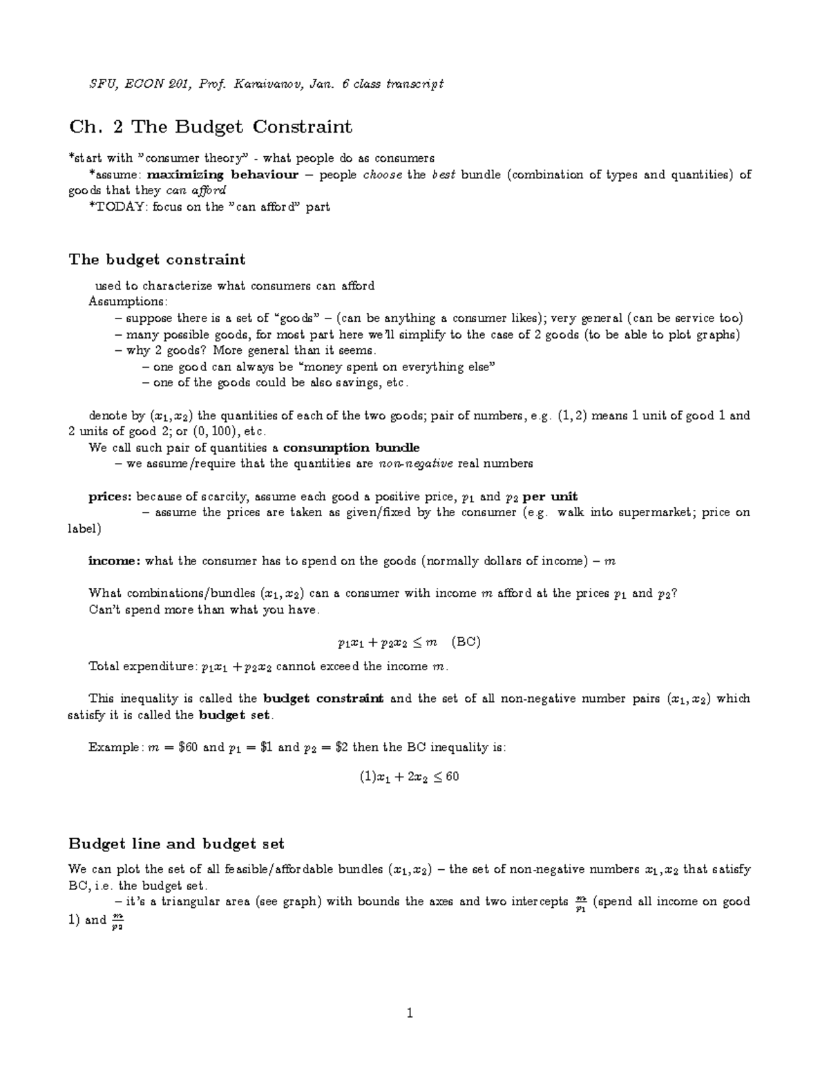 Ch2 Budget Constraint - an note from class - SFU, ECON 201, Prof ...