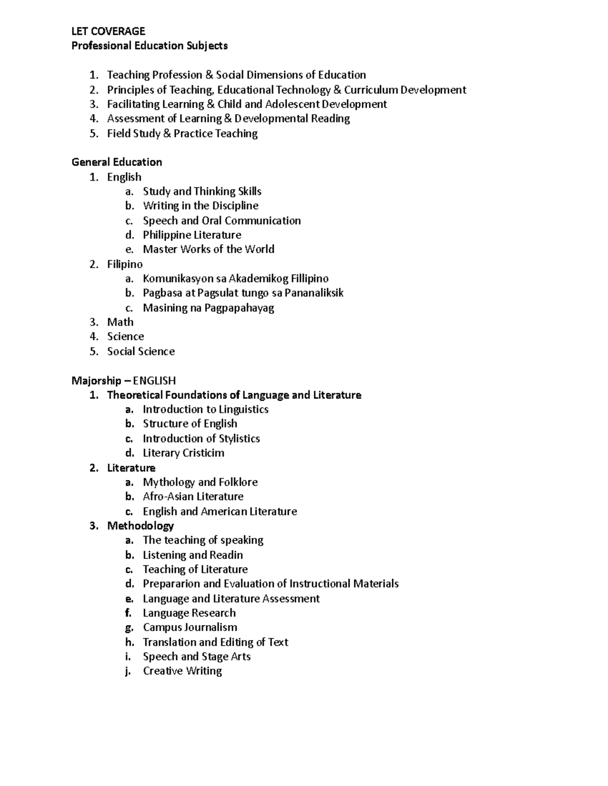 LET Coverage - LET COVERAGE Professional Education Subjects Teaching ...