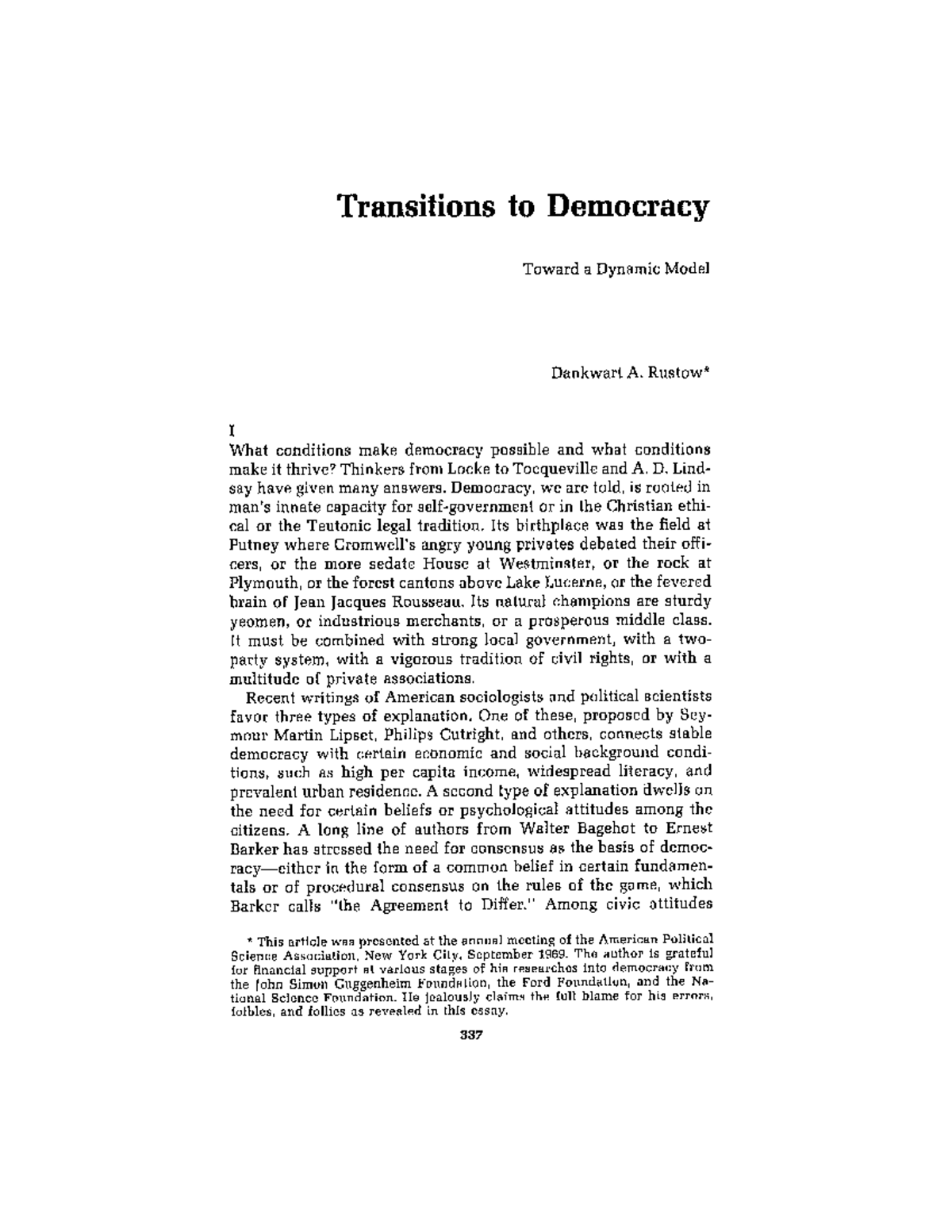 Dankwart Rustow- Transitions to Democracy 2 - POLI 109 - Studocu
