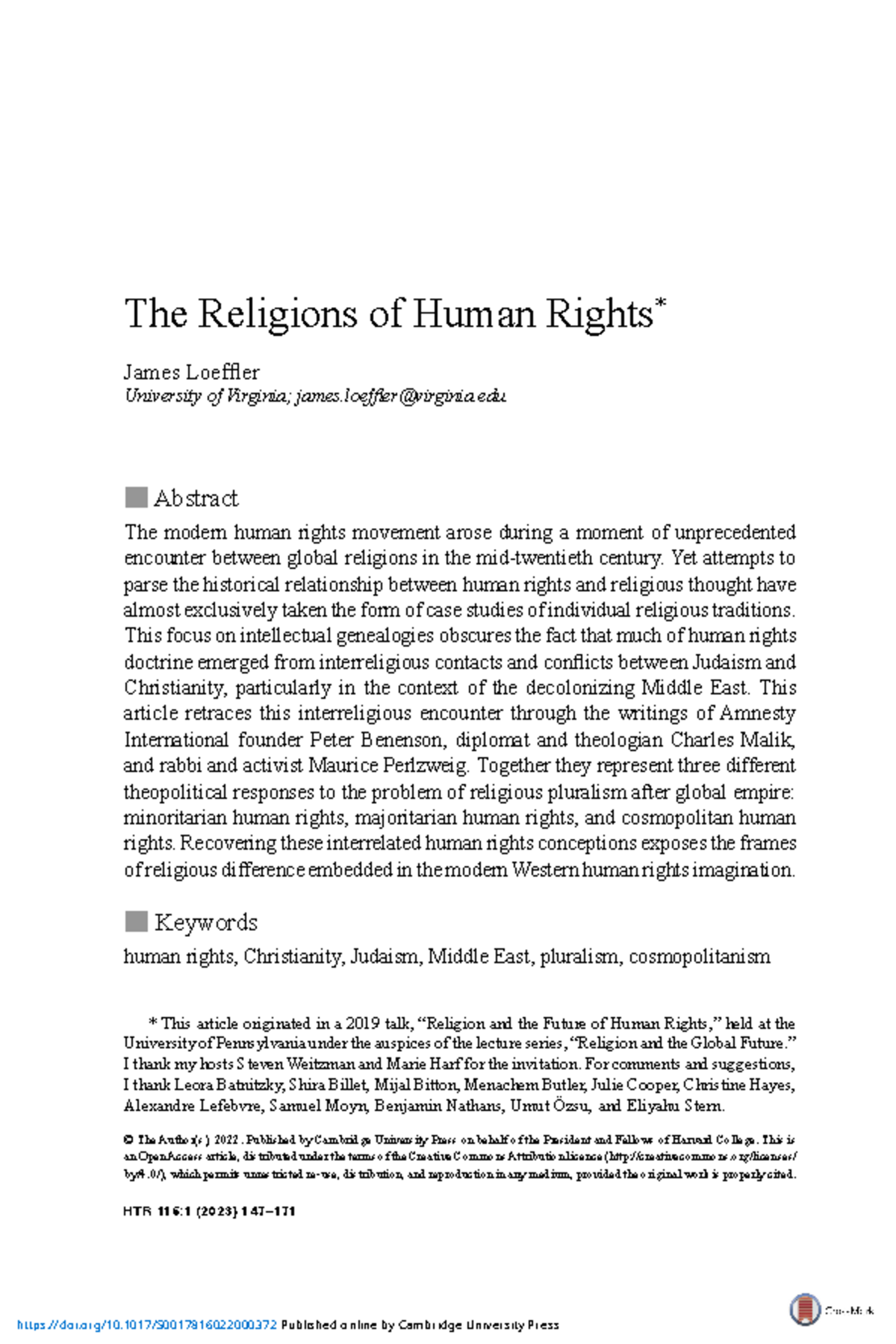 The Religions of Human Rights - HTR 116:1 (2023) 147– The Religions of ...