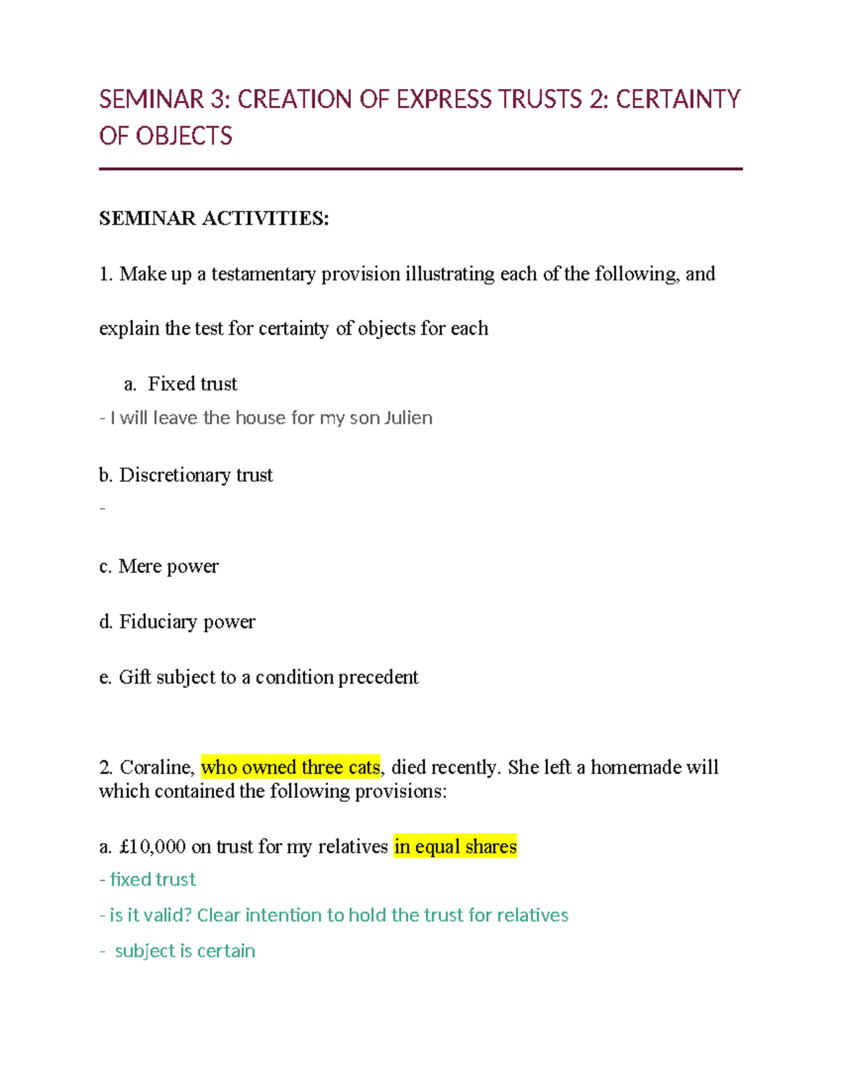 Equity Sem 3 - SEMINAR 3: CREATION OF EXPRESS TRUSTS 2: CERTAINTY OF OBJECTS SEMINAR ACTIVITIES ...