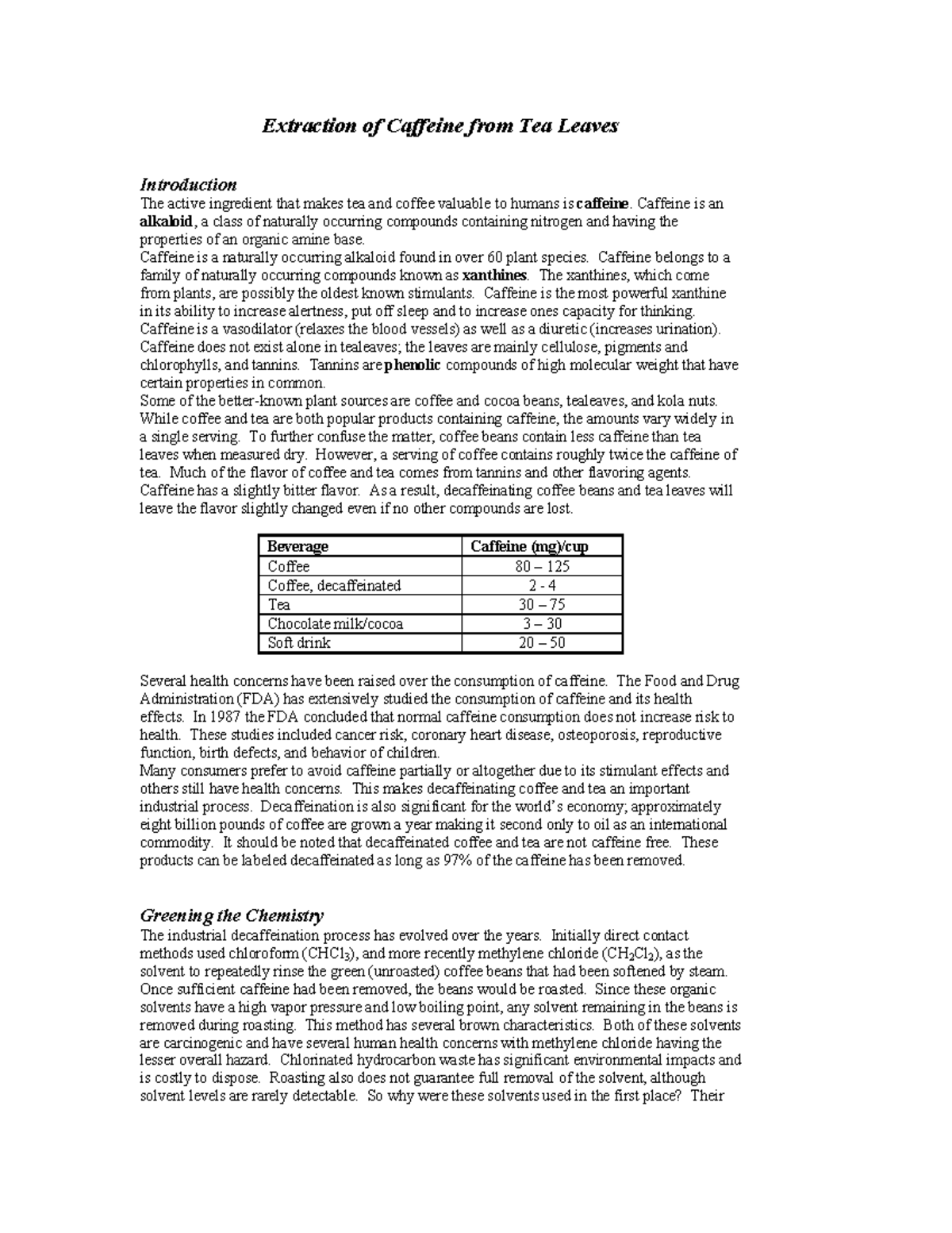 Extraction of Caffeine from Tea Leaves - Extraction of Caffeine from ...