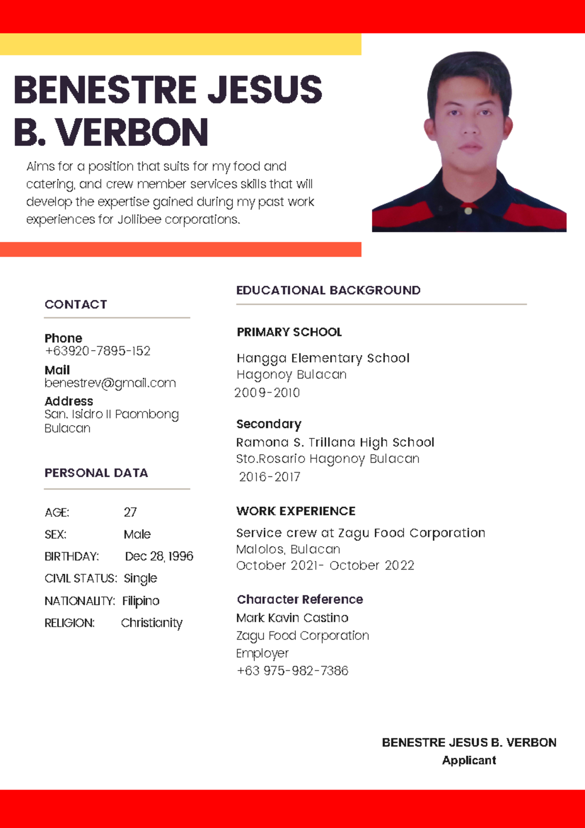 Benestre Resume - sss - BENESTRE JESUS B. VERBON Aims for a position ...