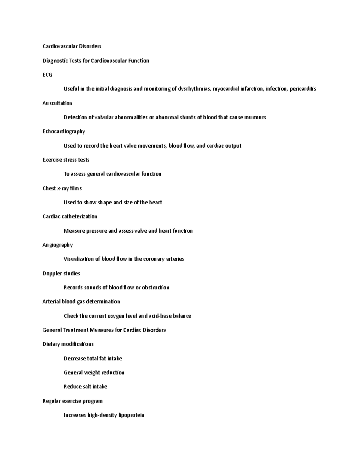Patho Notes 11 - Cardiovascular Disorders Diagnostic Tests for ...