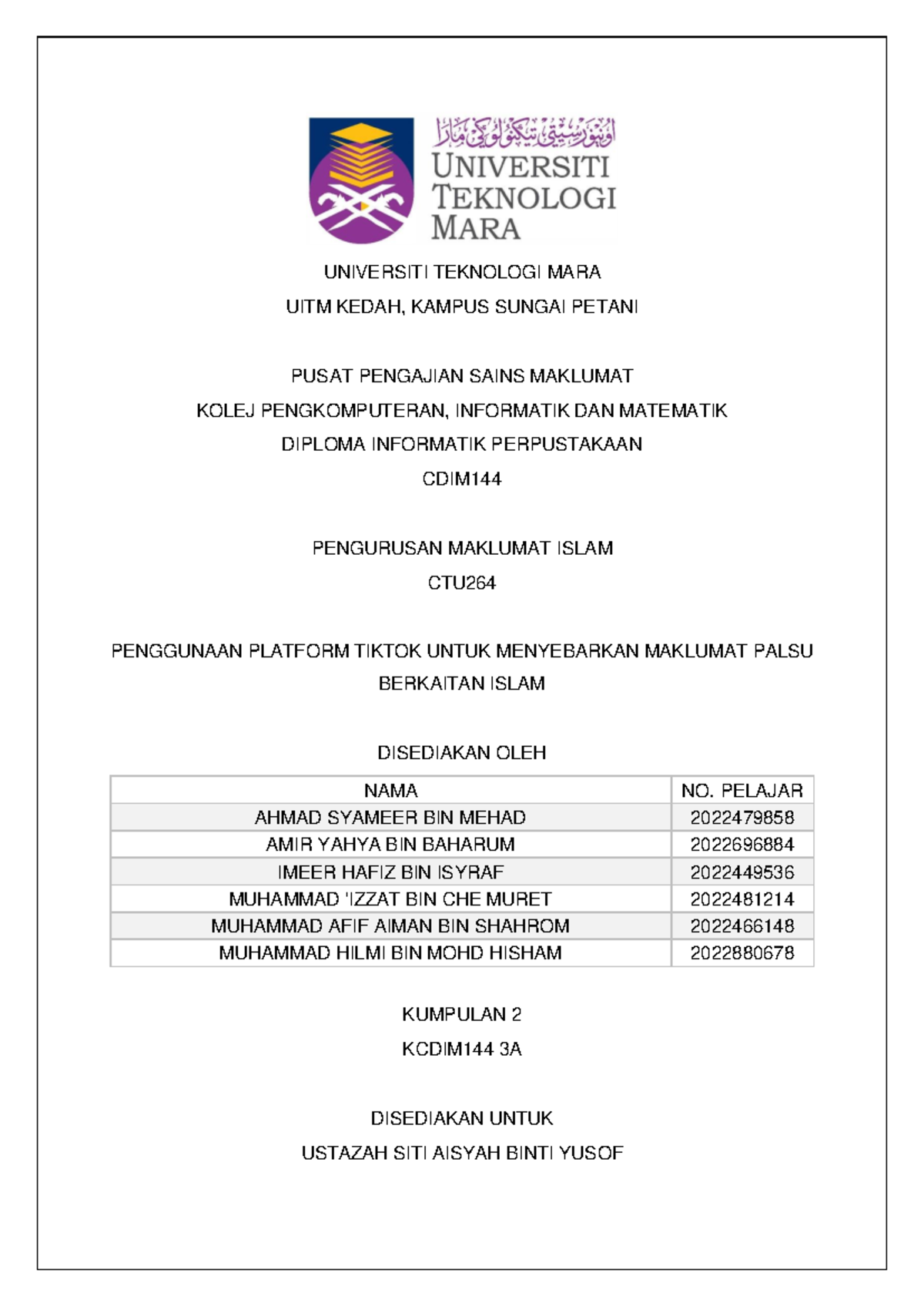 Kertas Kerja CTU264 - UNIVERSITI TEKNOLOGI MARA UITM KEDAH, KAMPUS ...