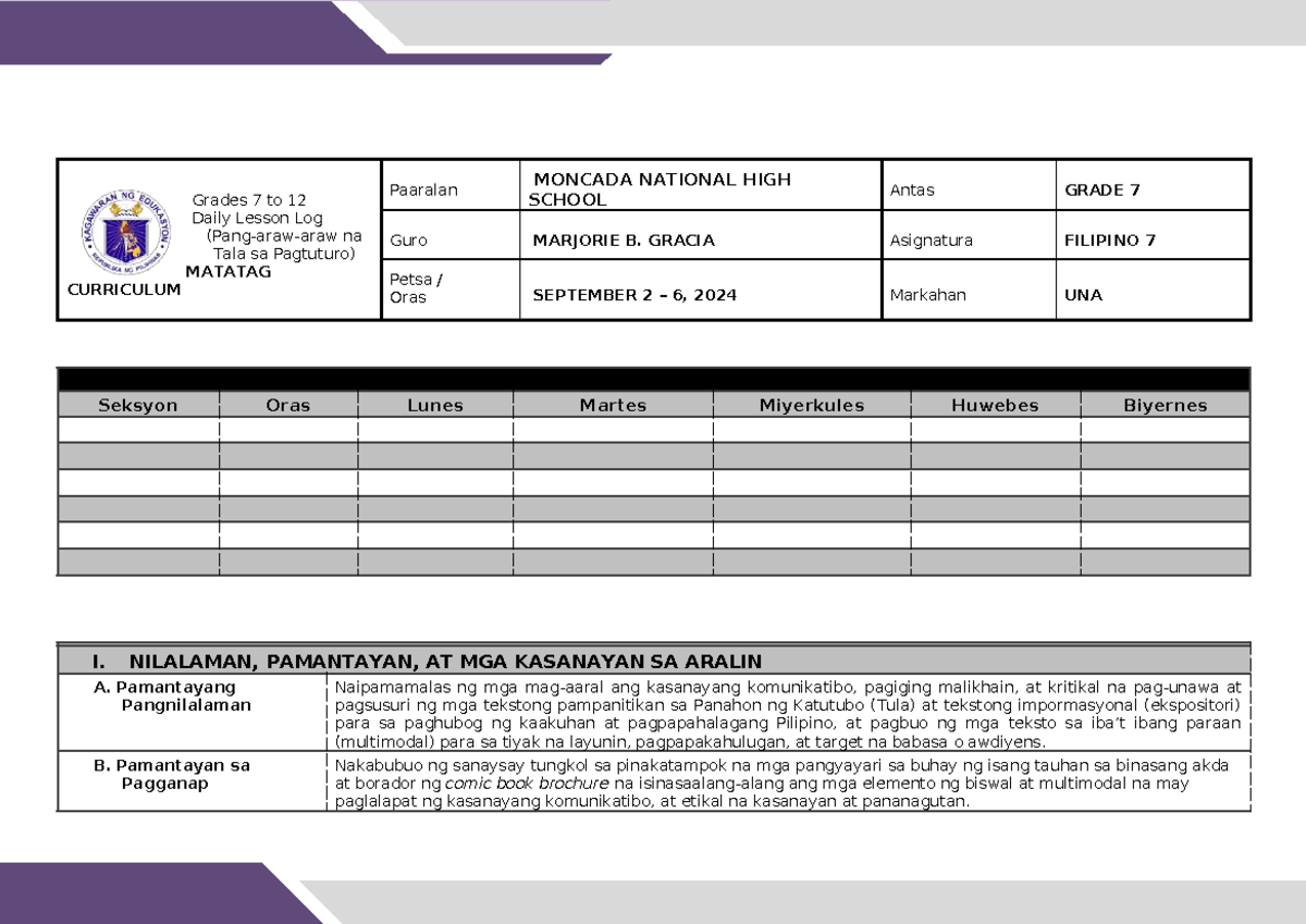 DLL 4 - DAILY LESSON LOG - Grades 7 to 12 Daily Lesson Log (Pang-araw ...