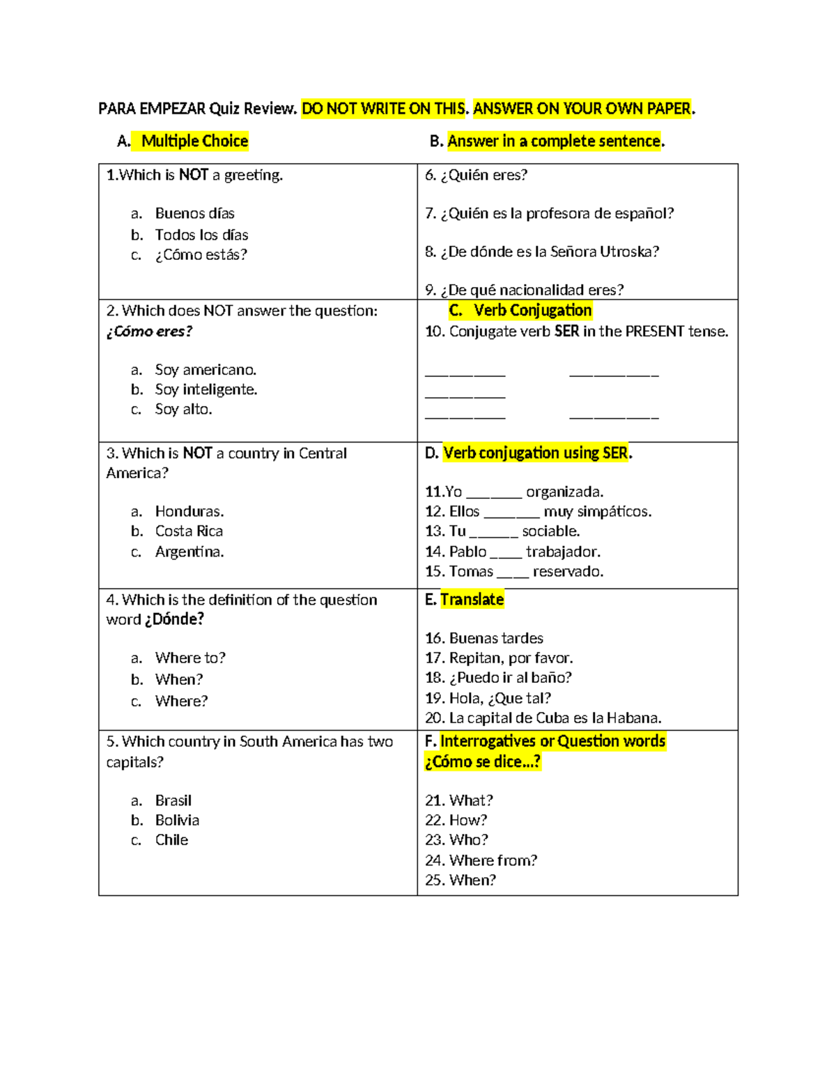 Review Spanish Speaking countries QUIZ - PARA EMPEZAR Quiz Review. DO ...