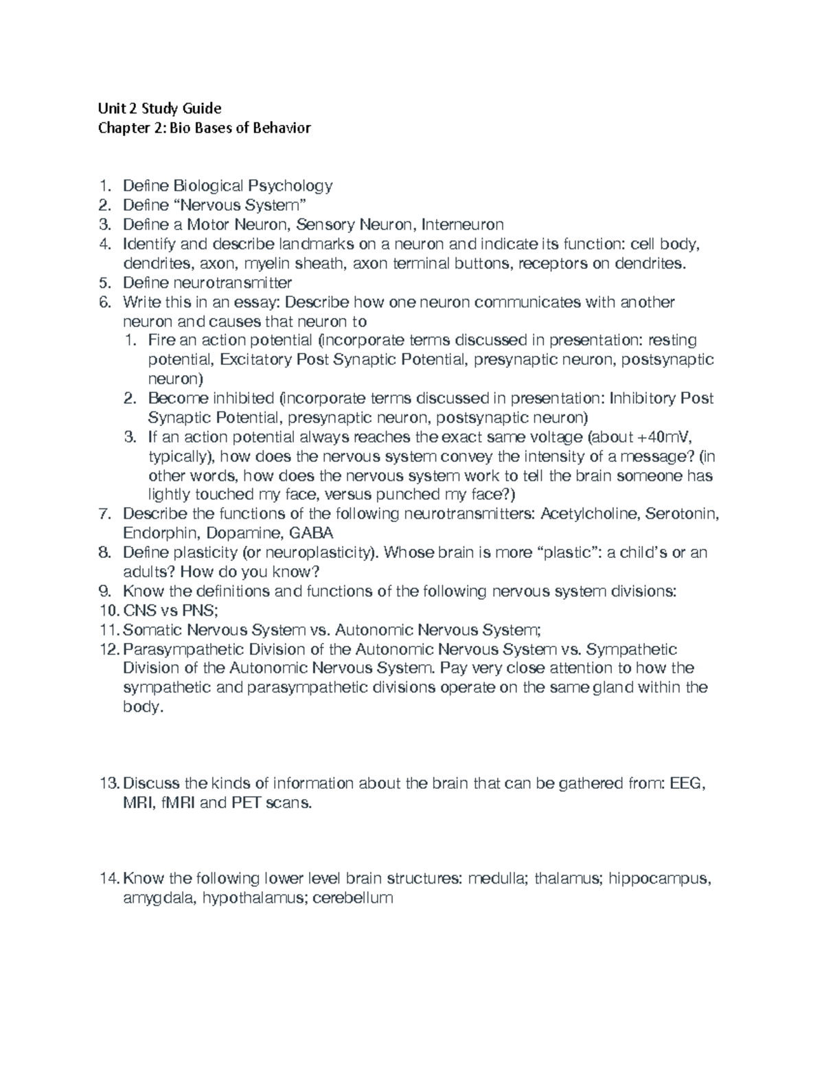 Unit 2 Study Guide - Unit 2 Study Guide Chapter 2: Bio Bases of ...