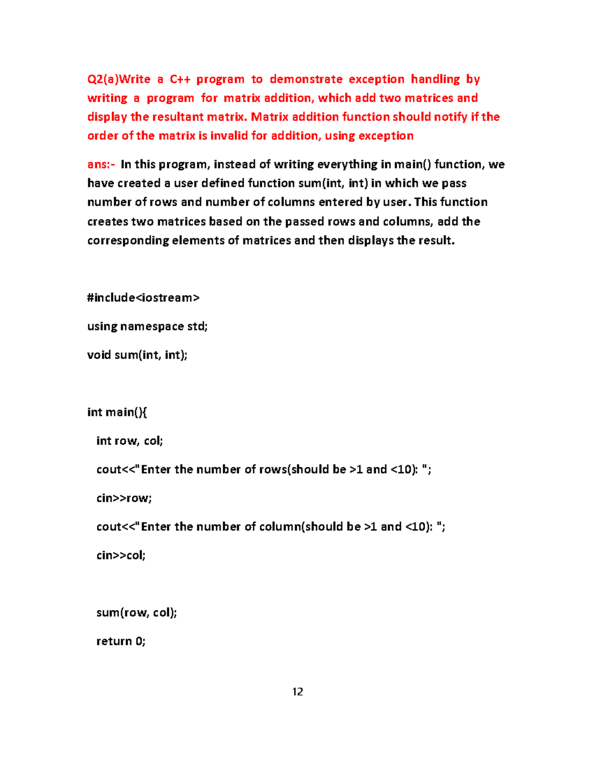 S12 - Solved qps - Q2(a)Write a C++ program to demonstrate exception ...