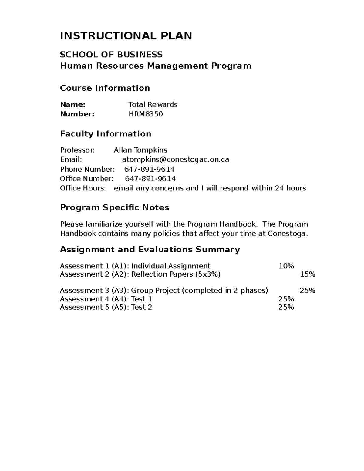 HRM 8350-005 Instructional Plan2 - INSTRUCTIONAL PLAN SCHOOL OF ...