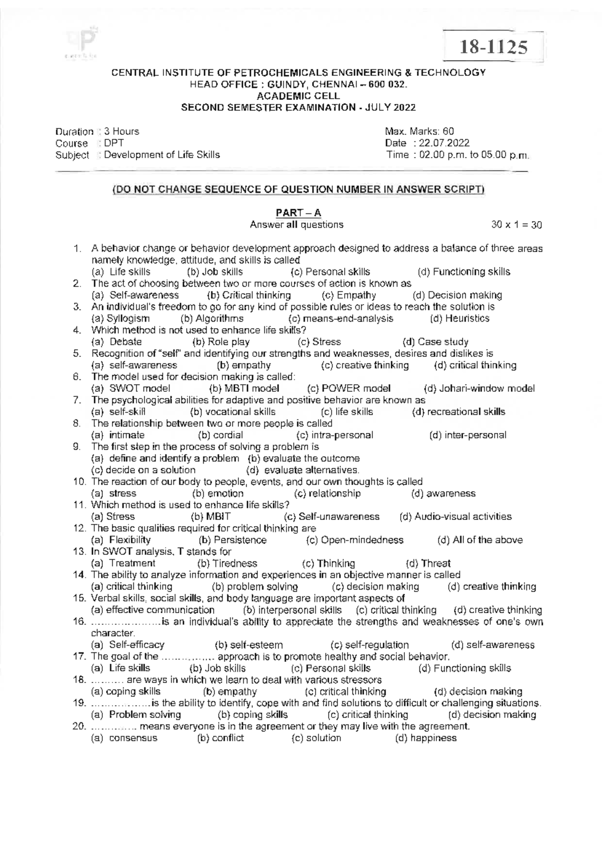 DEVELOPMENT OF LIFE SKILL SEMESTAR QUESTION PAPER - Diploma in plastics ...