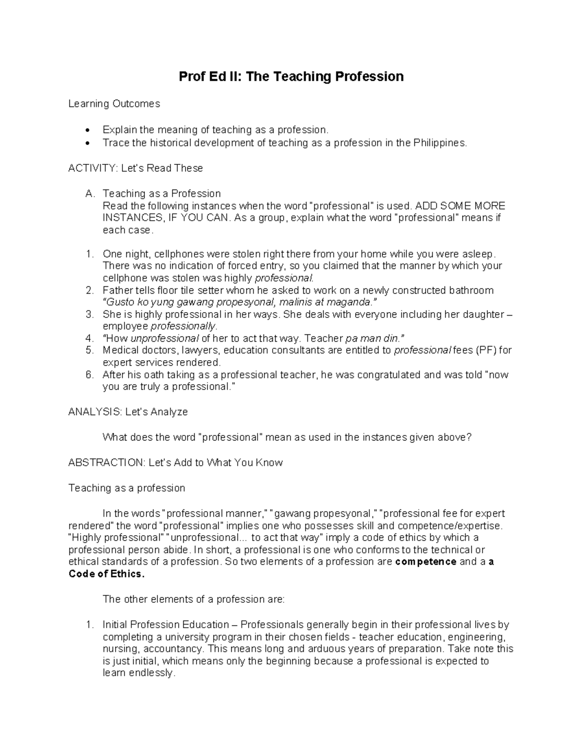 Prof Ed II The Teaching Profession - Prof Ed II: The Teaching ...