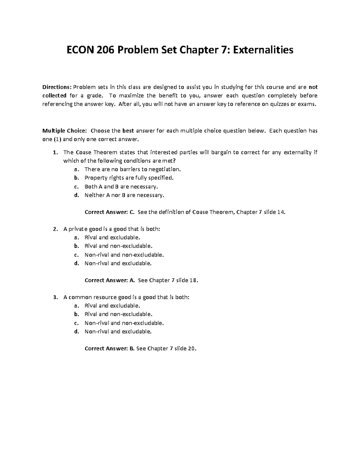ECON 206 Problem Set Chapter 7 Answer Key Warning TT