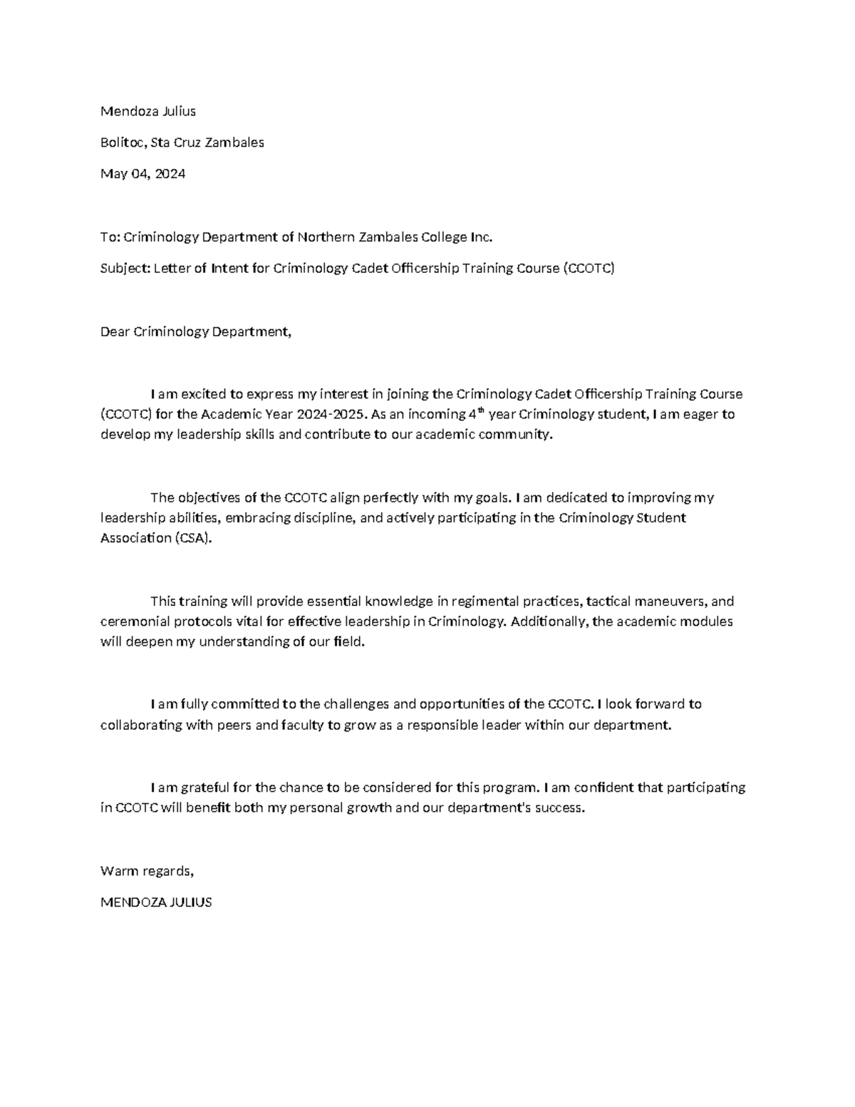 Letter of intent jo - Mendoza Julius Bolitoc, Sta Cruz Zambales May 04 ...