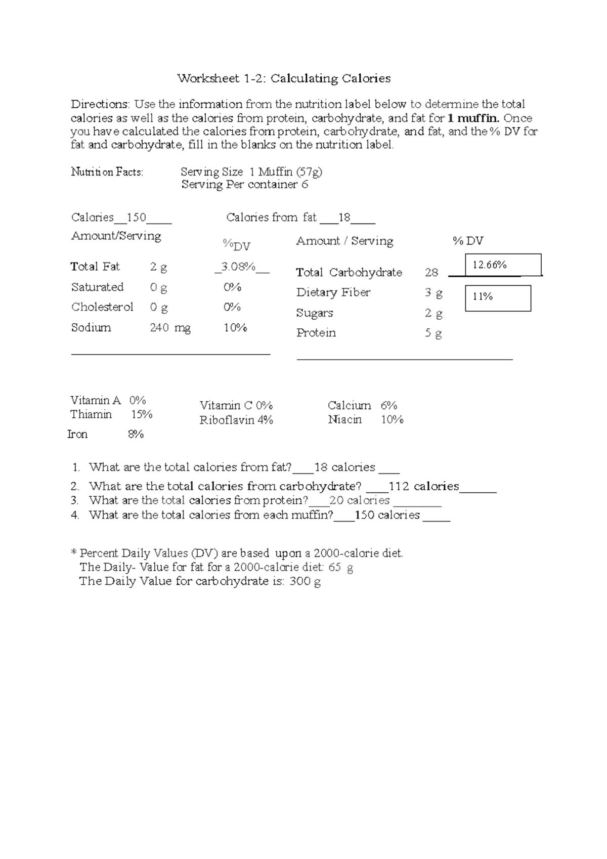 Counting Calories Worksheet NHM 201 Worksheet 1 2 Calculating