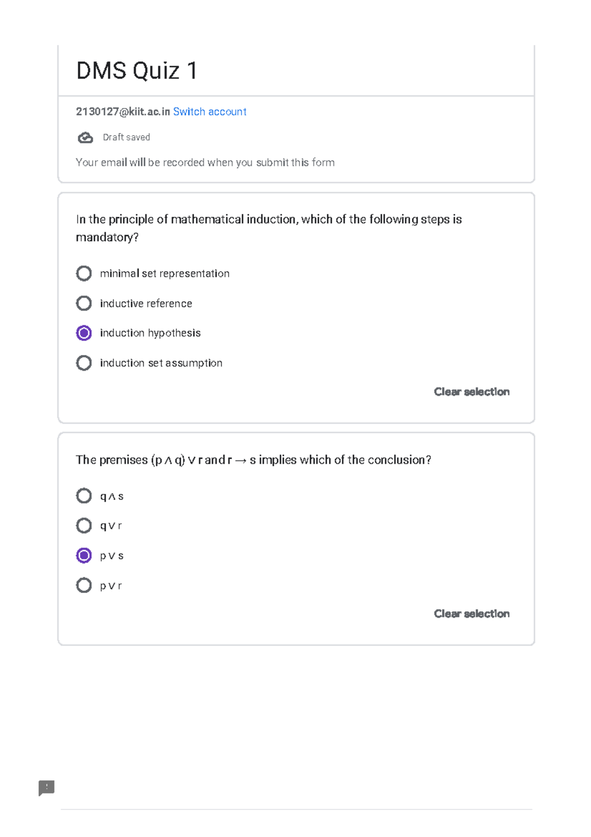 DMS Quiz 1 - DMS Quiz1 - minimal set representation inductive reference ...
