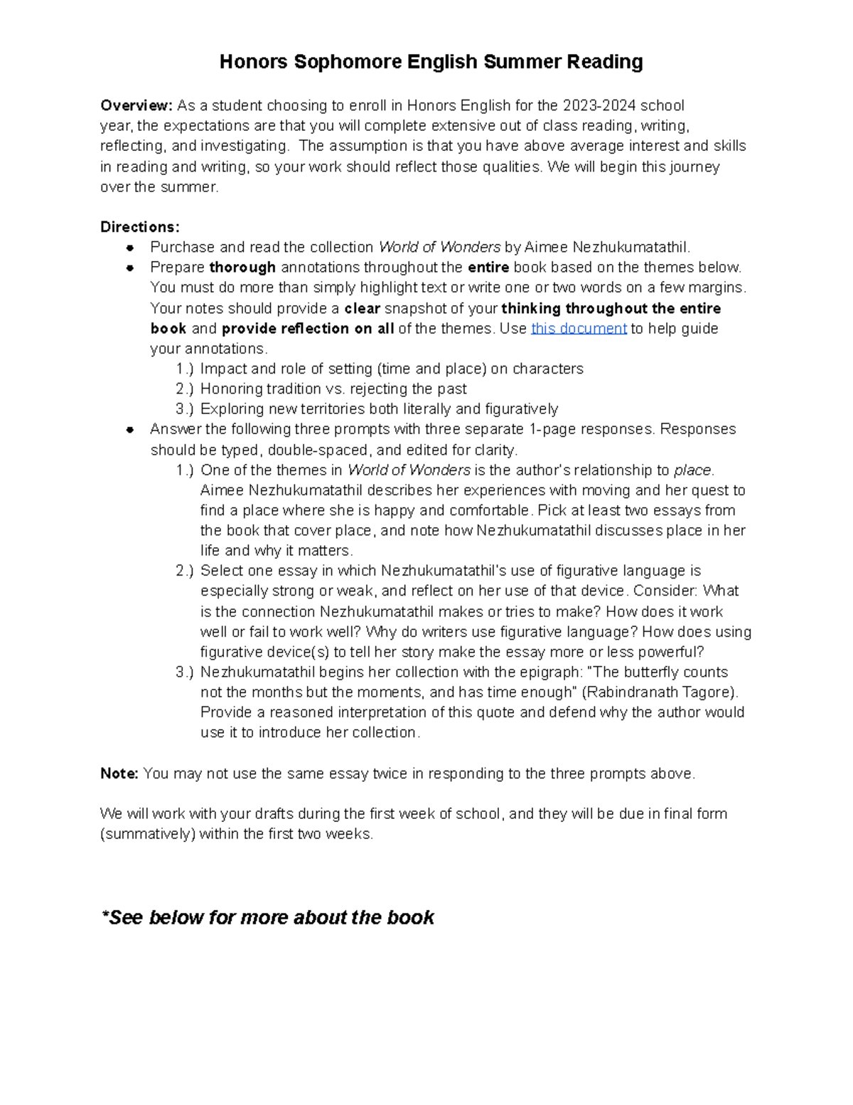 Copy of Honors Sophomore English Summer Assignment 2023-2024 - Honors ...