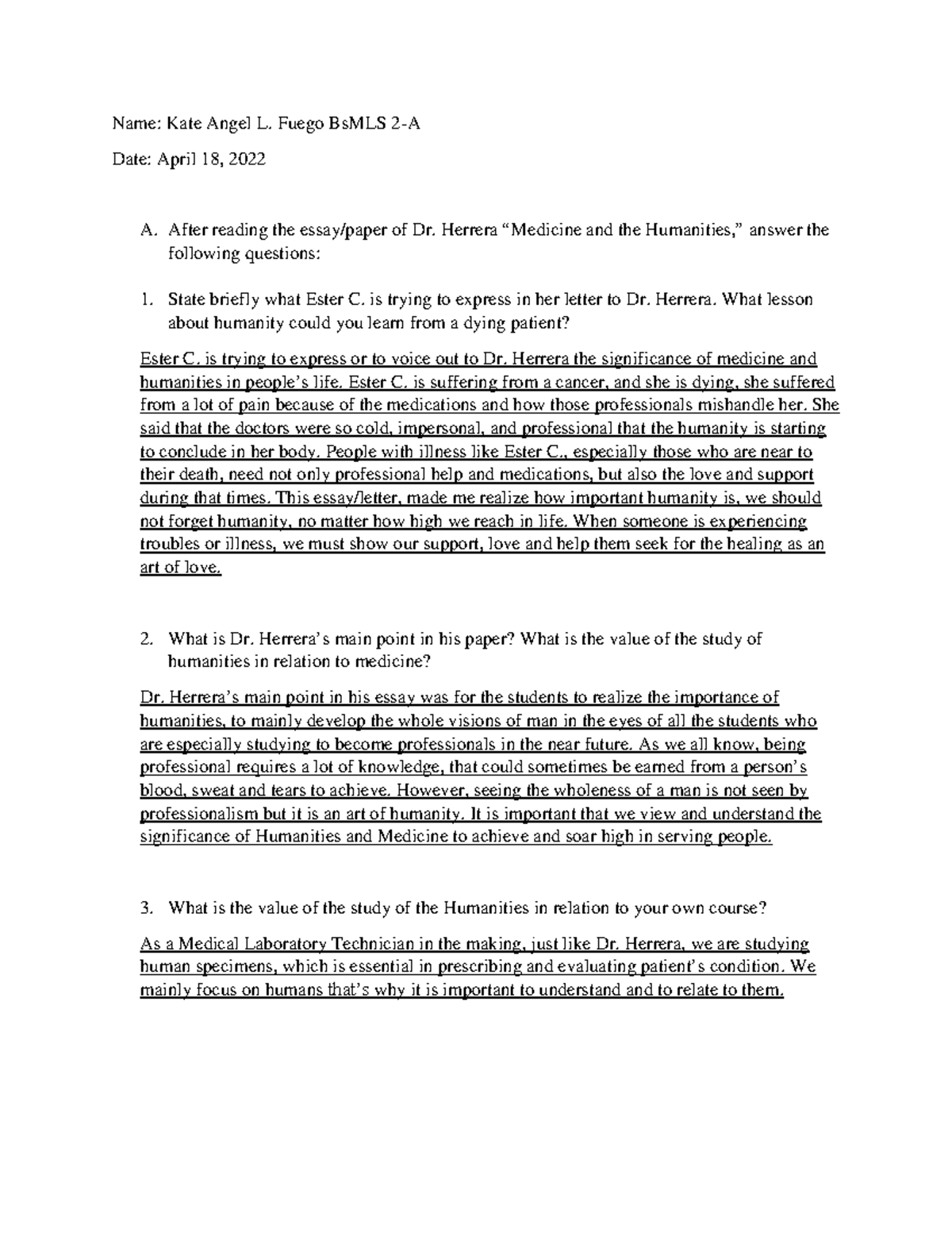 State briefly what Ester C. is trying to express in her letter to Dr ...