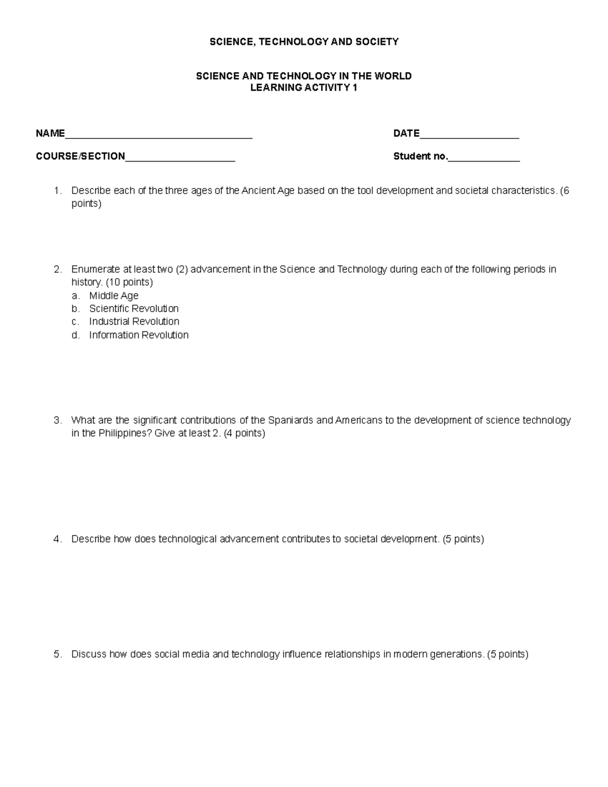 Learning Activity 1- Science AND Technology IN THE World - SCIENCE ...