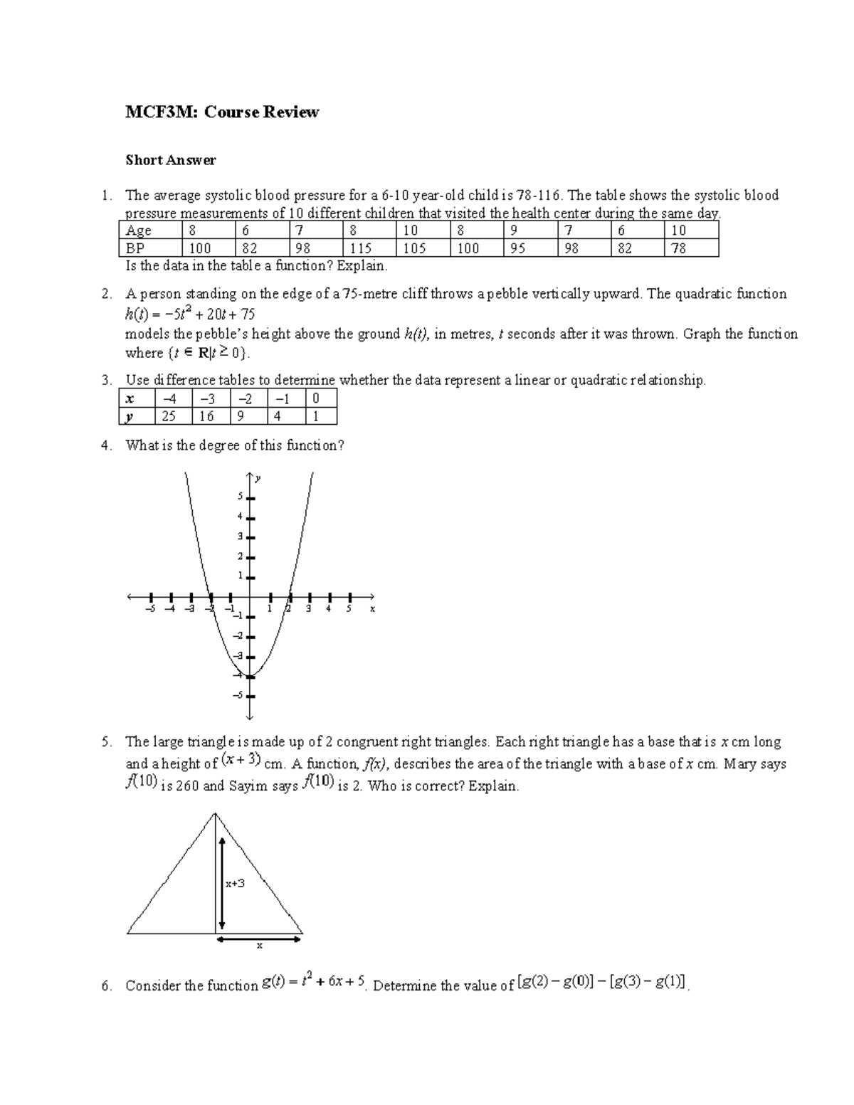 MCR3M Course Review with answers - MCF3M: Course Review Short Answer ...