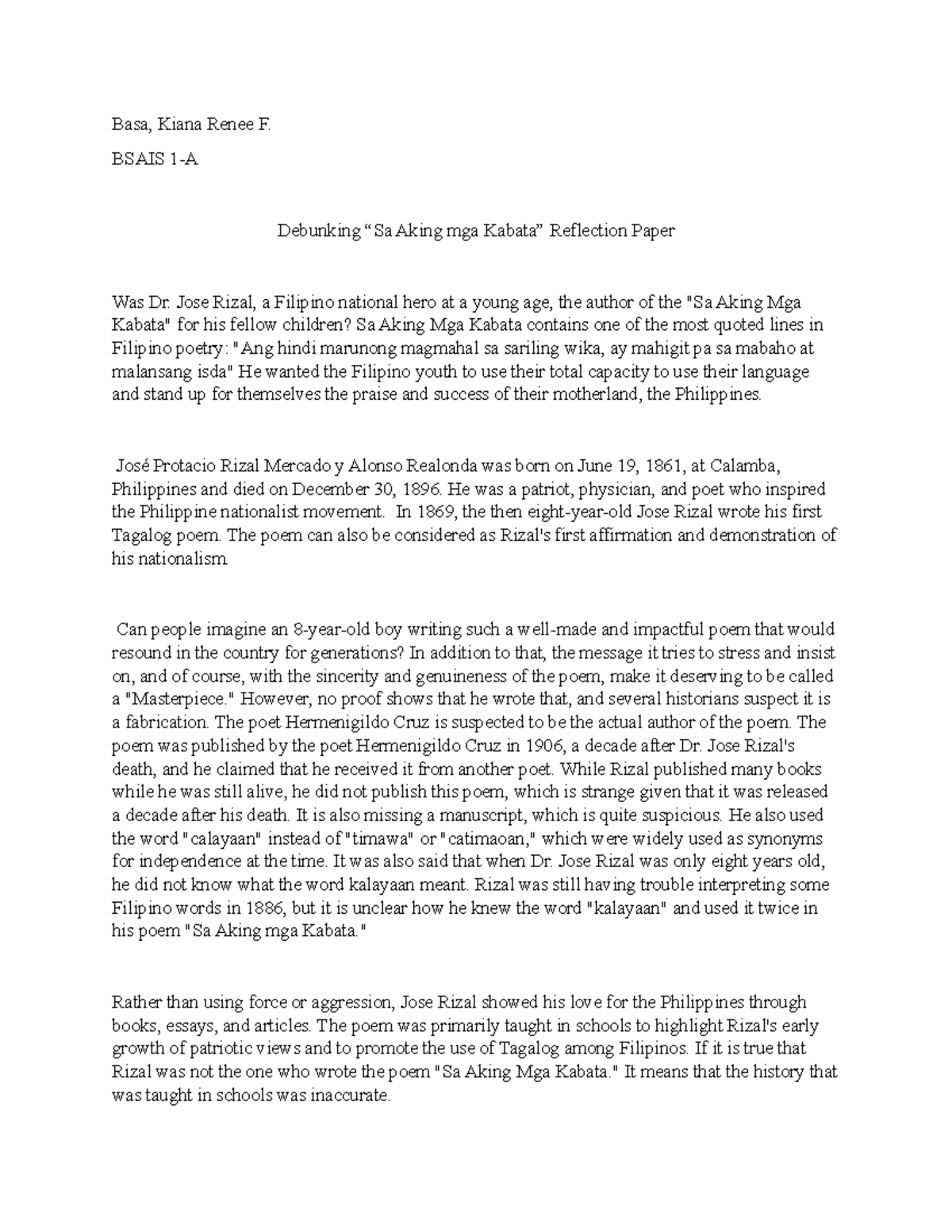 BASA, Kiana Renee F. ( Reflection Paper) - Basa, Kiana Renee F. BSAIS 1 ...