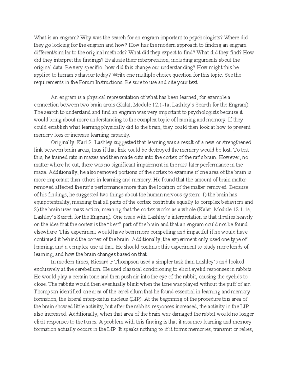 Discussion 3 - What is an engram? Why was the search for an engram ...