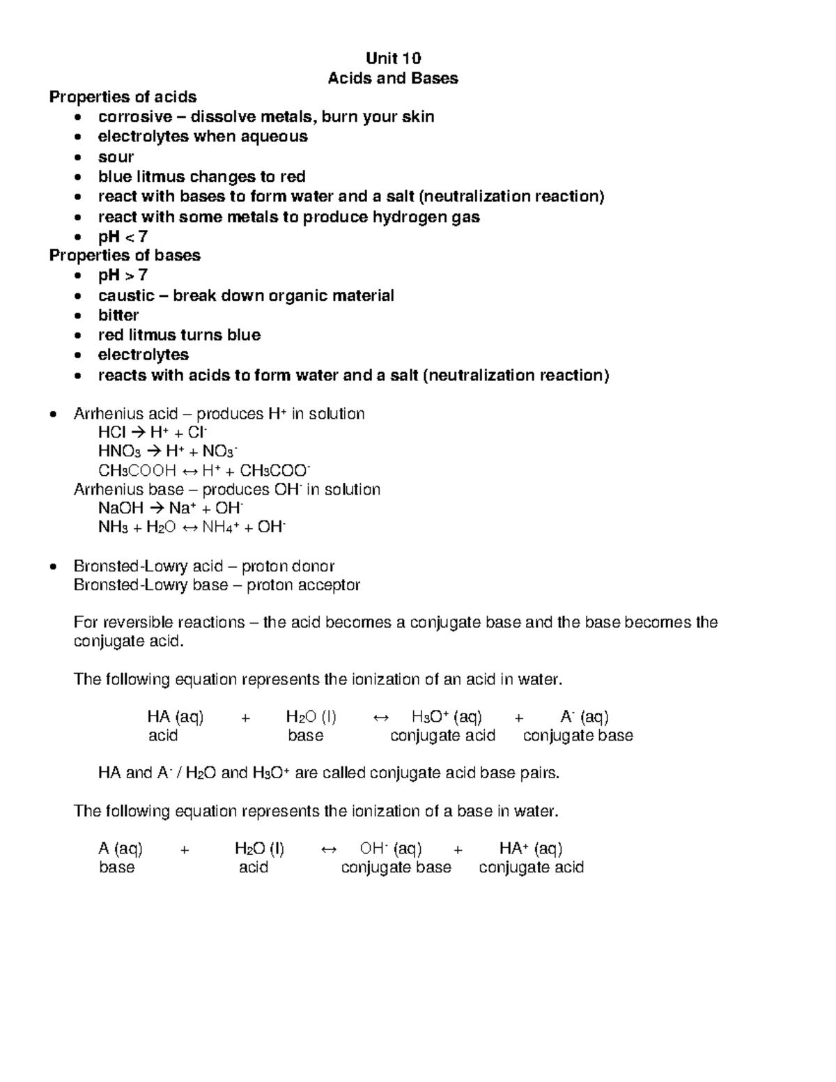 Cp unit 10 acids and bases - Unit 10 Acids and Bases Properties of ...
