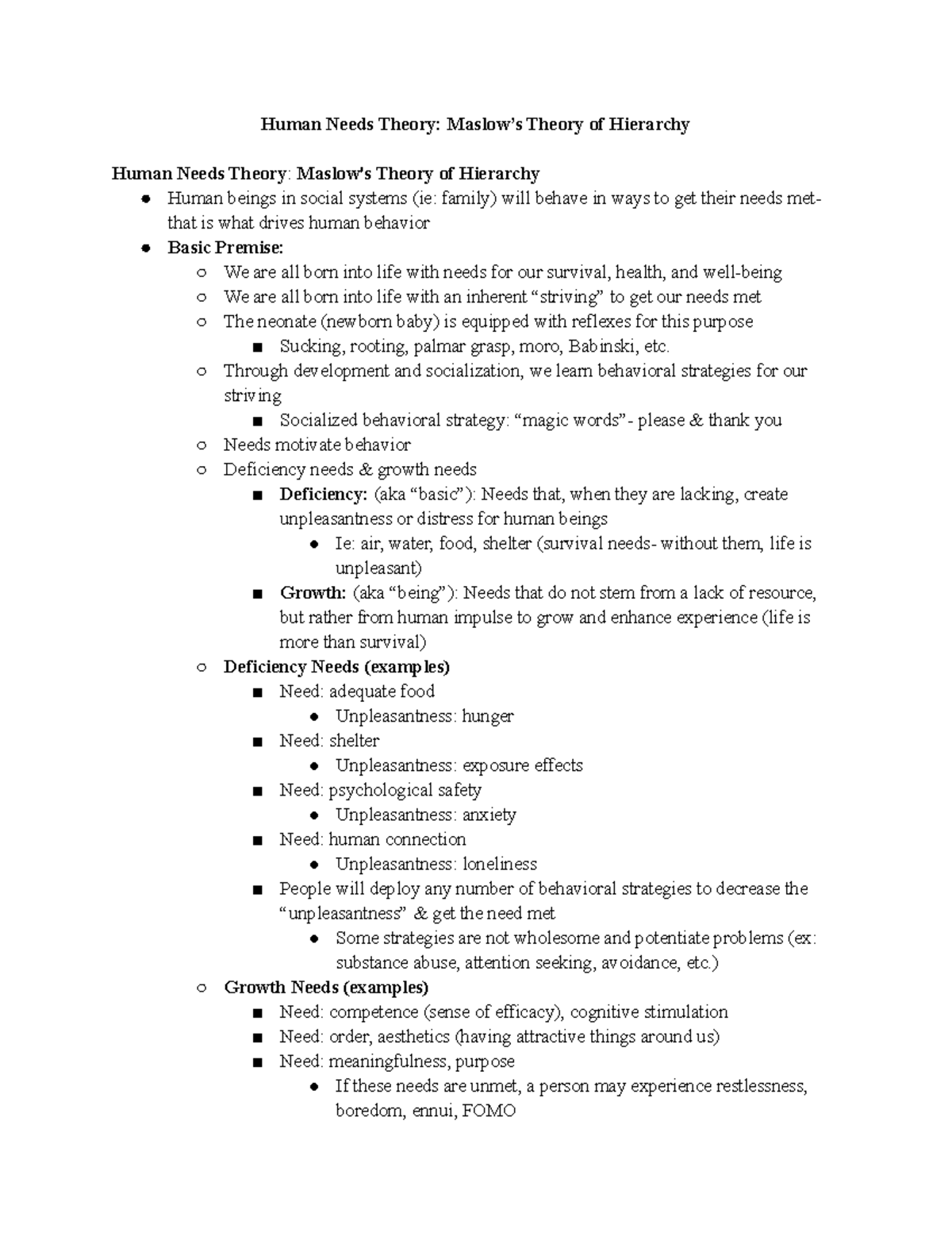 Lecture Notes: Human Needs Theory - Human Needs Theory: Maslow’s Theory ...