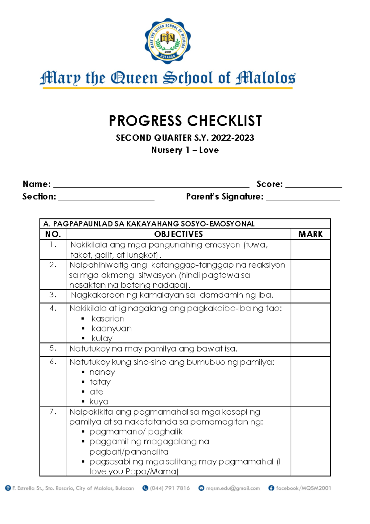N1 Progress Checklist Second Quarter 22 23 - PROGRESS CHECKLIST SECOND ...