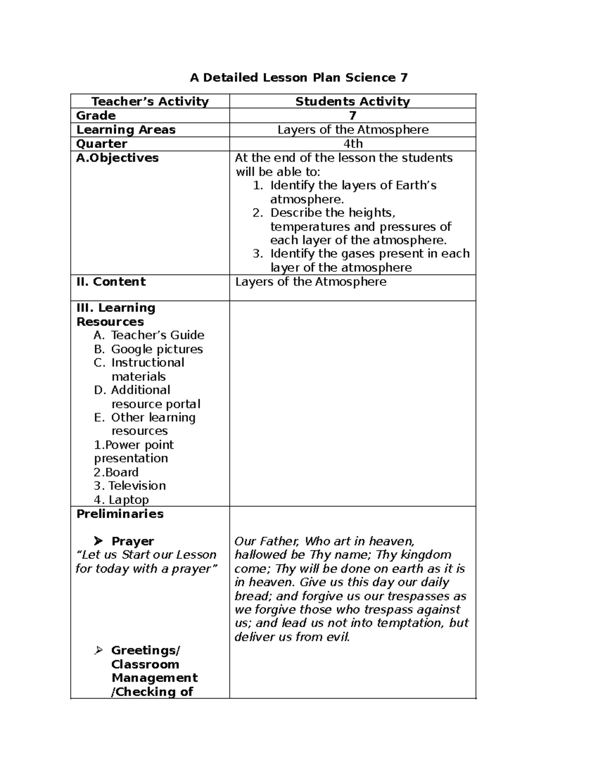 Atmosphere lp 7 - A Detailed Lesson Plan Science 7 Teacher’s Activity ...
