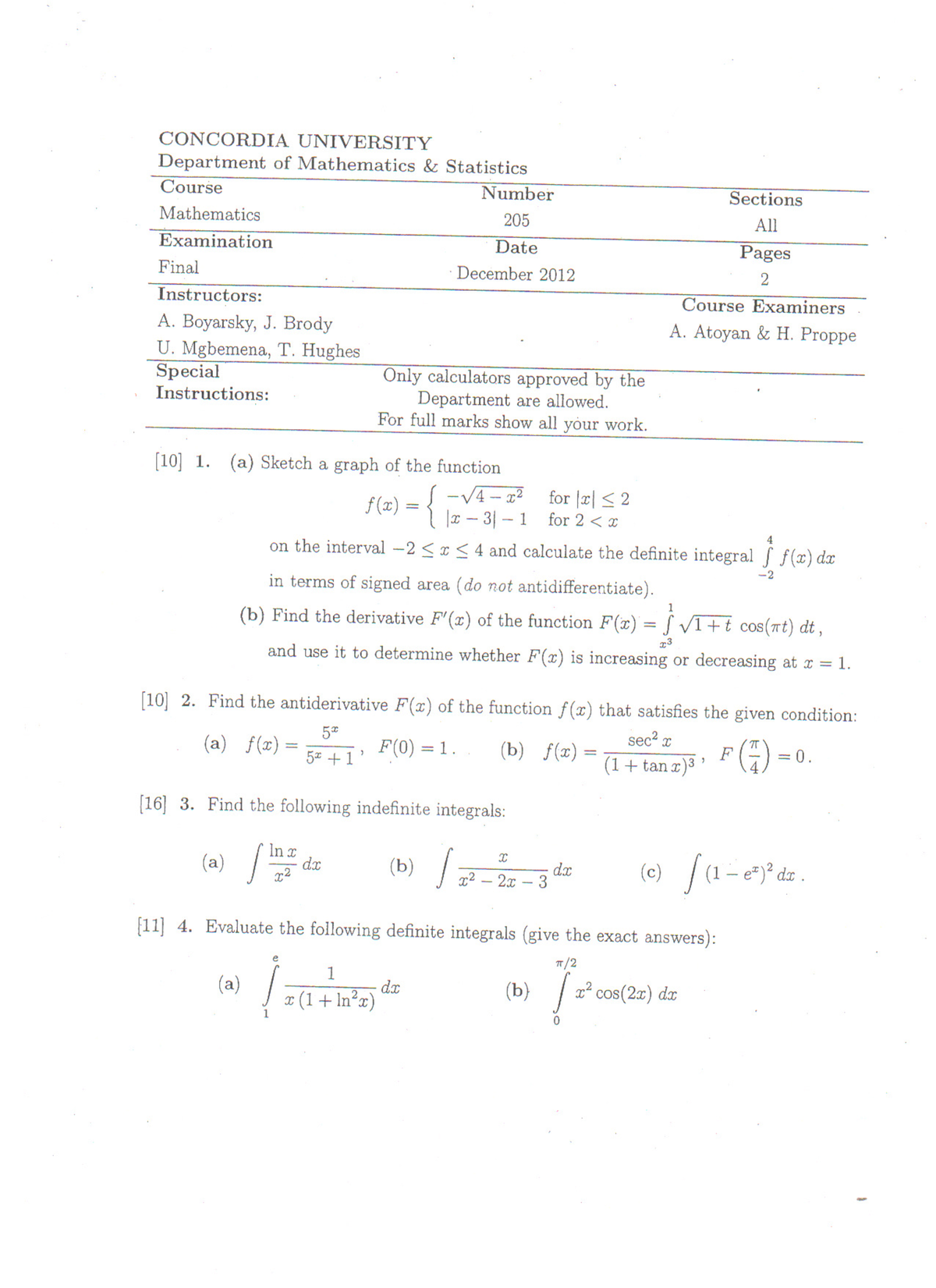 Dec2012 1 - final exam - CONCORDIA UNIVERSITY Department of Mathematics ...