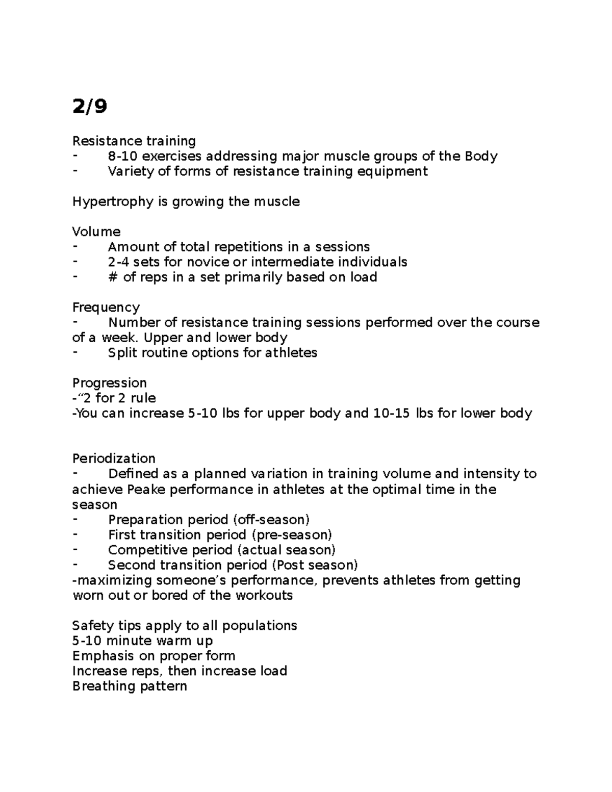 Physiology of Exercise notes 2-9 - 2/ Resistance training ⁃ 8-10 ...