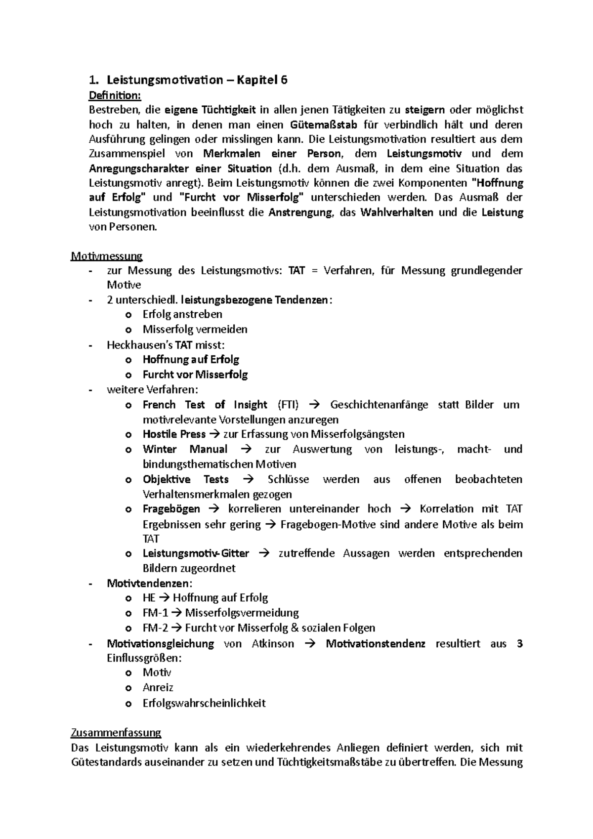 Seminar Allg. II Zusammenfassung - 1. Leistungsmotivation – Kapitel 6 ...