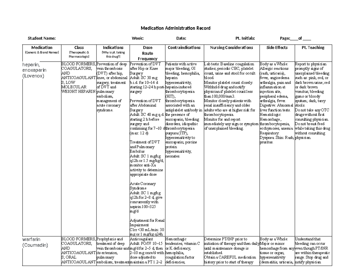medication list - Student Name: Week: Date: Pt. Initials: Page: of ...