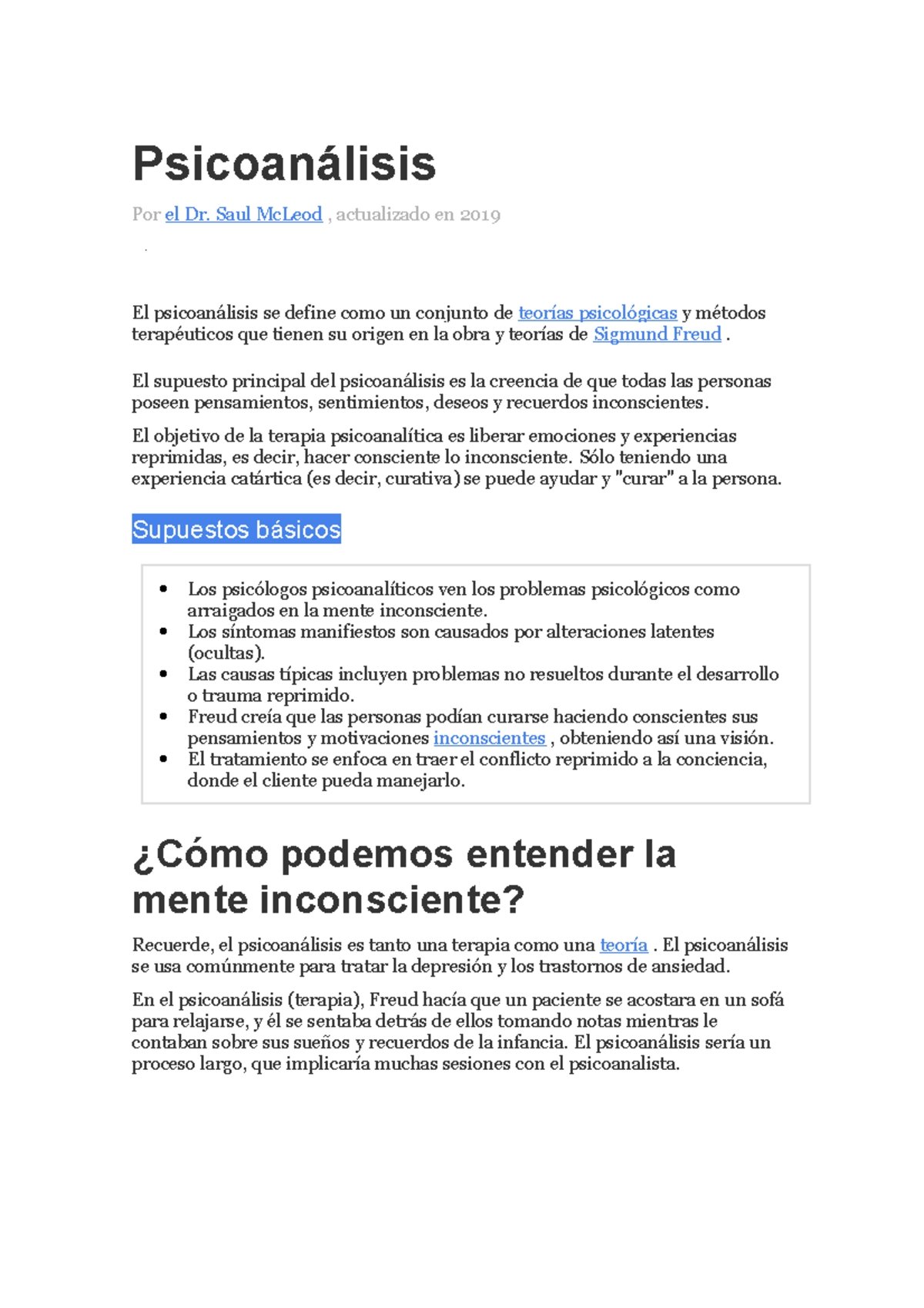 Psicoanálisis - Psicoanálisis - Psicoanálisis Por el Dr. Saul McLeod , actualizado en 2019 El ...