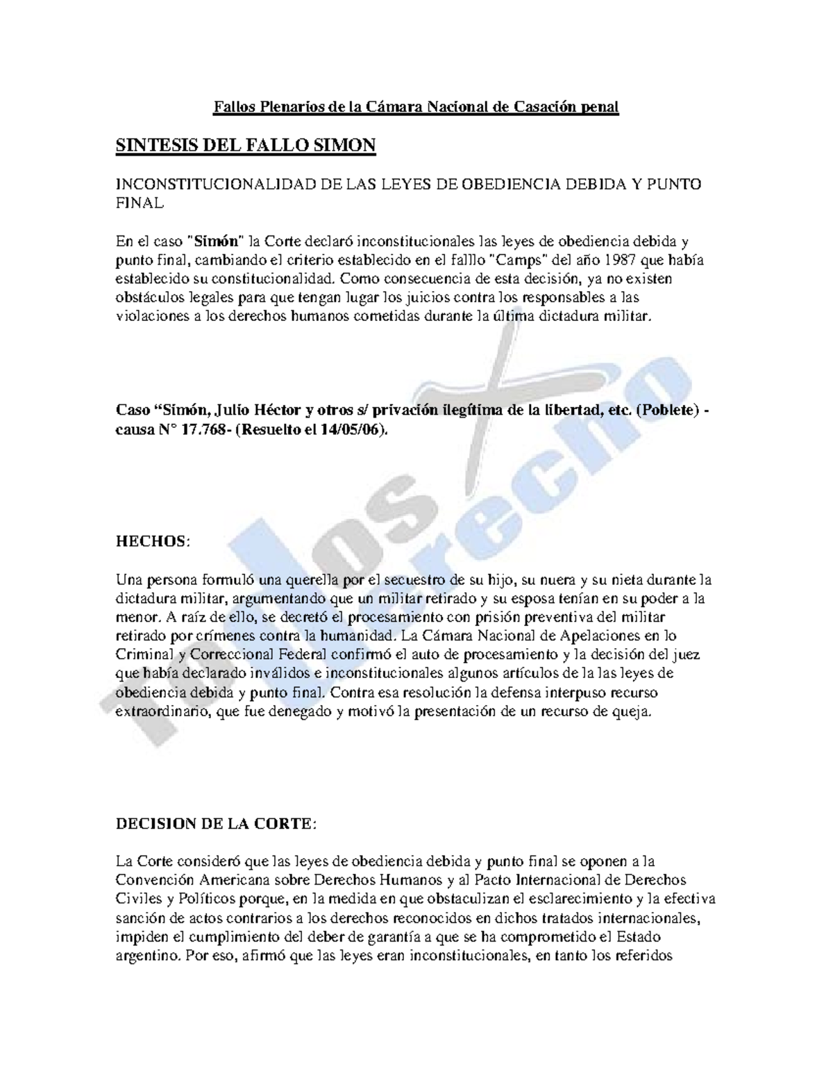 Caso Simon - Fallo - Fallos Plenarios de la Cámara Nacional de Casación ...