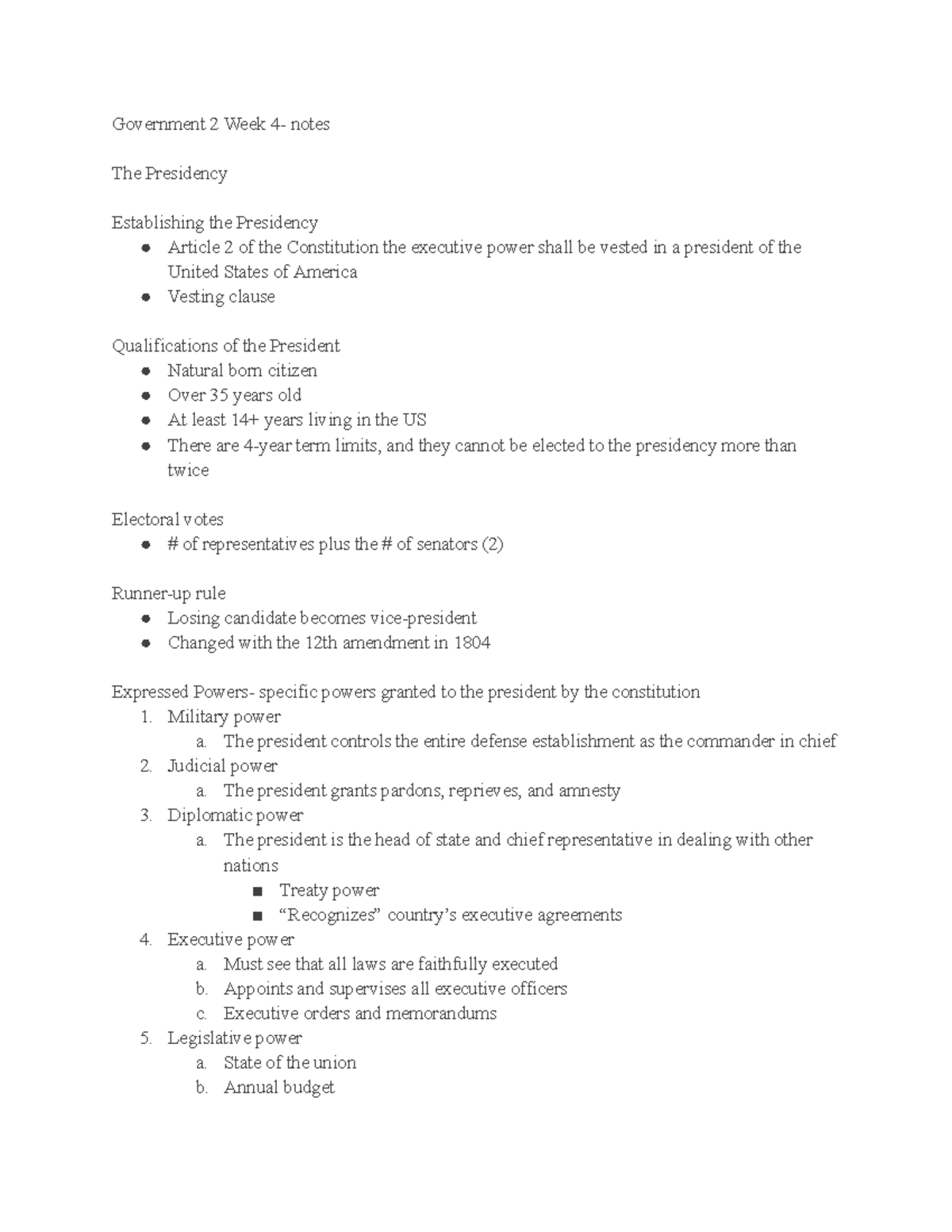 Government 2- Week 4 notes - Government 2 Week 4- notes The Presidency ...