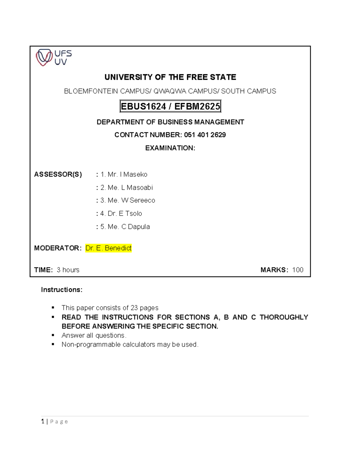 Ebus 1624 2023 exam - Instructions: This paper consists of 23 pages READ THE INSTRUCTIONS FOR ...