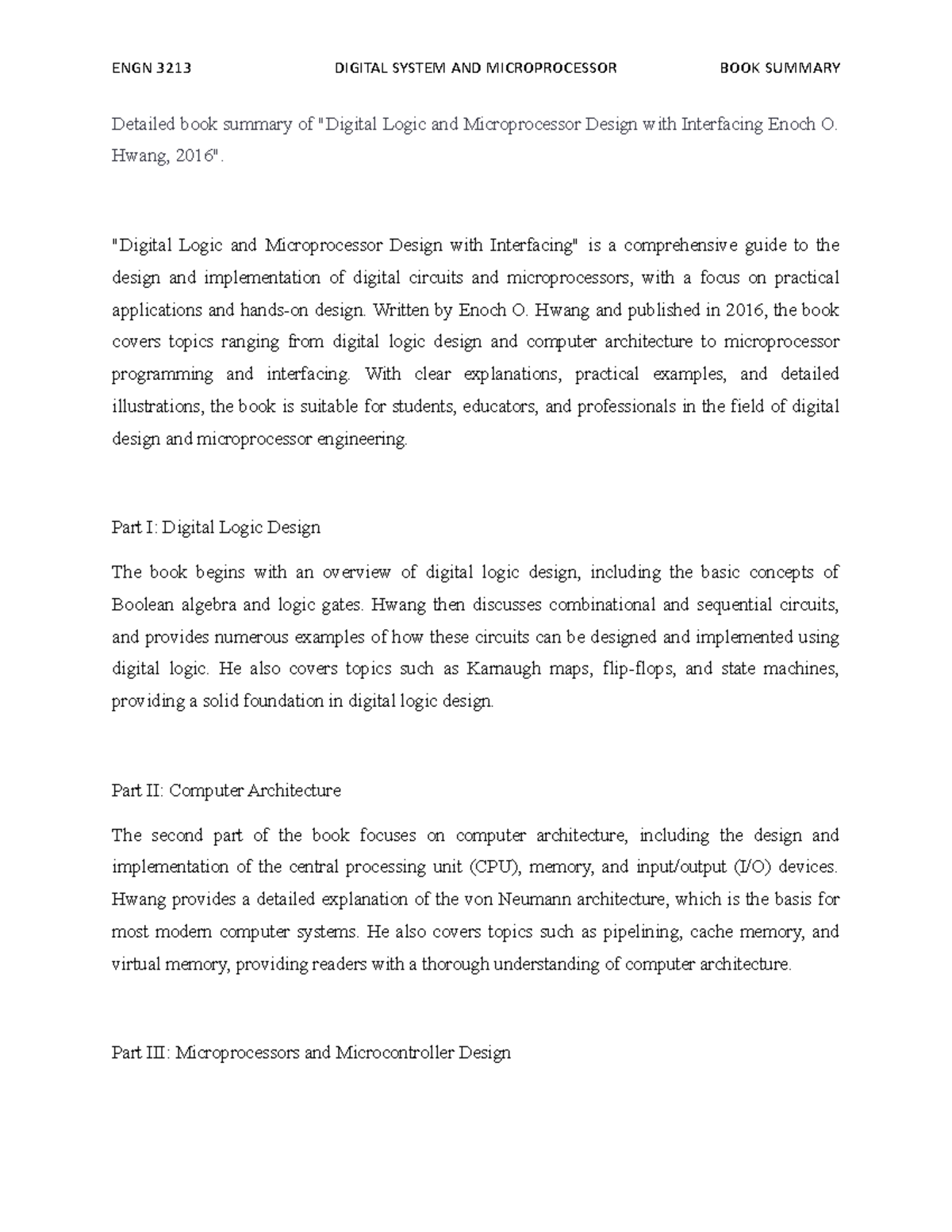 Detailed book summary of Digital Logic and Microprocessor Design with Interfacing - Hwang, - Studocu