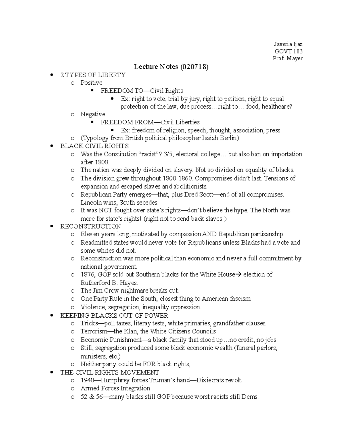 GOVT 103 - basics - Javeria Ijaz GOVT 103 Prof. Mayer Lecture Notes ...