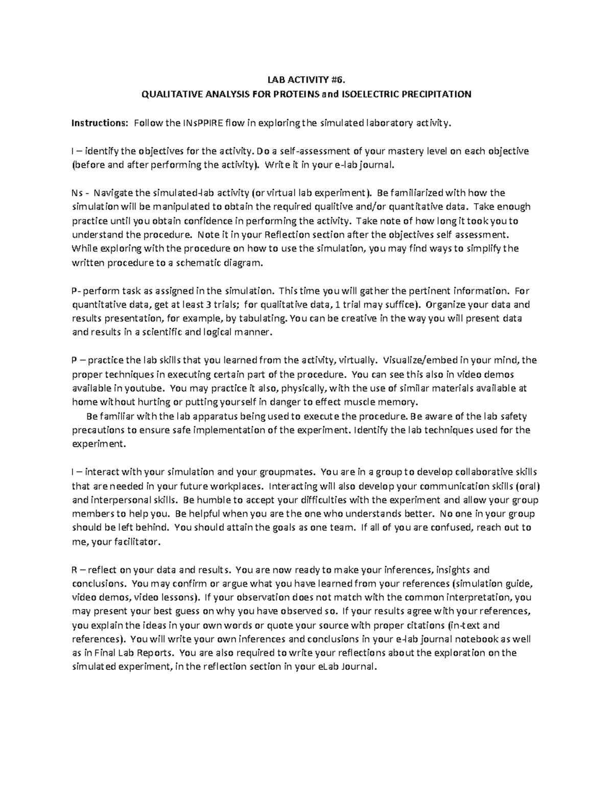 Lab Activity #6. Instructions - LAB ACTIVITY # 6. QUALITATIVE ANALYSIS FOR PROTEINS and ...