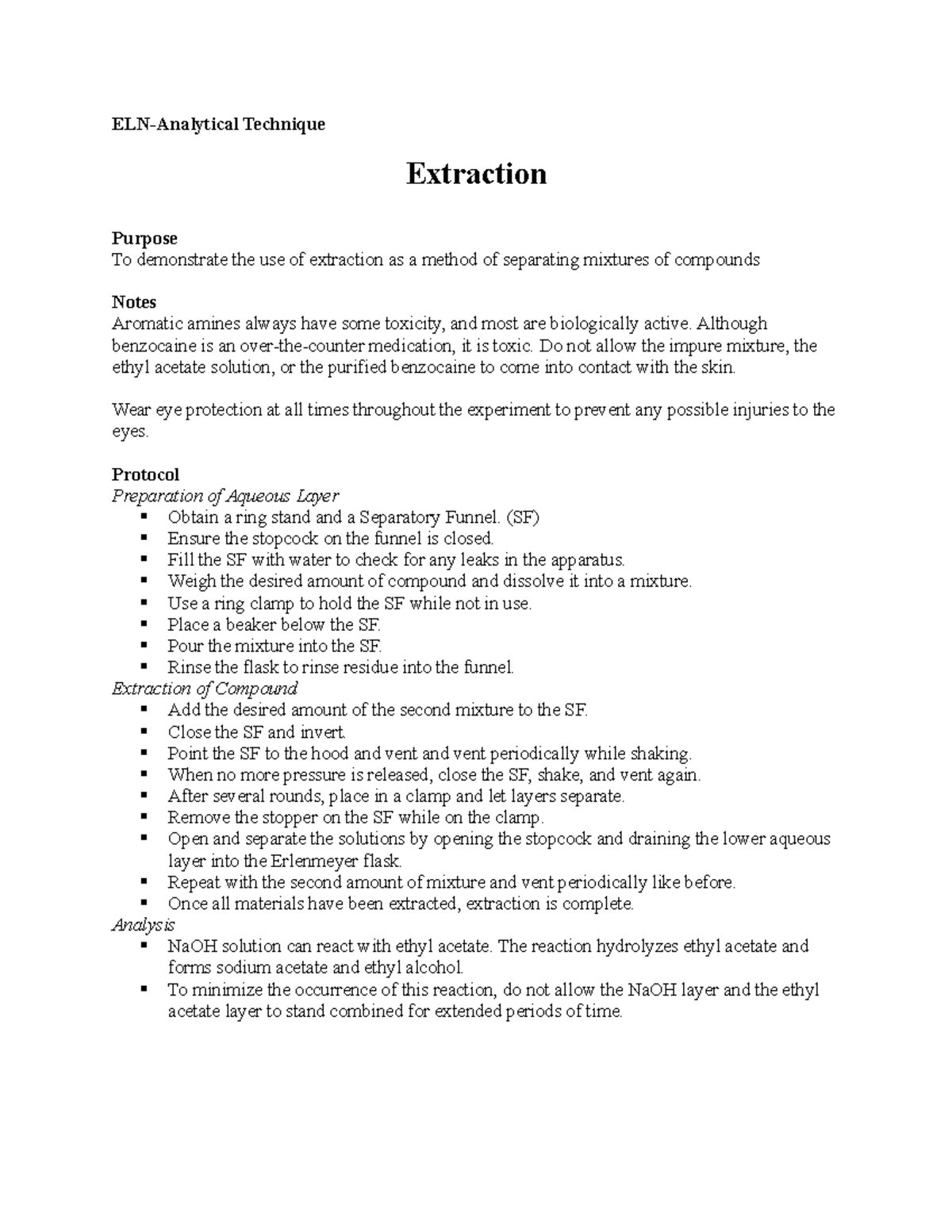 ELN-Extraction - ELN - ELN-Analytical Technique Extraction Purpose To ...